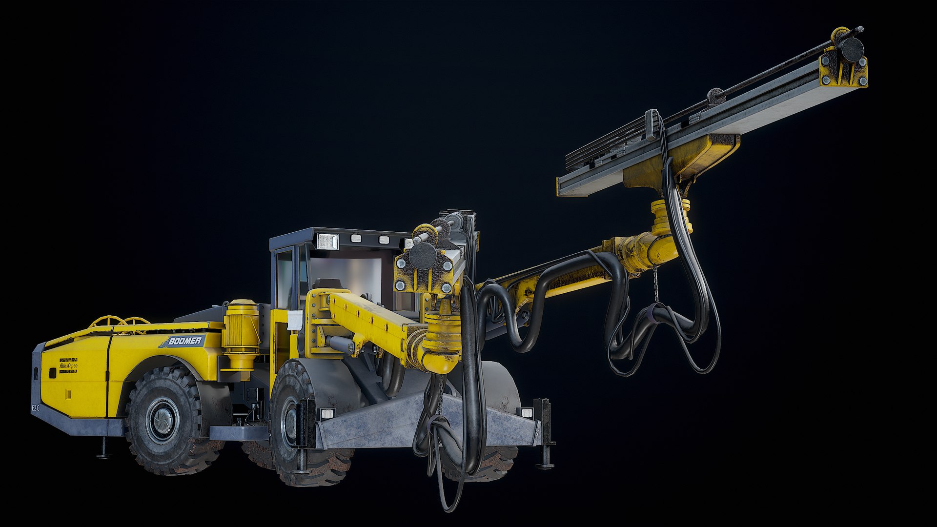 Atlas Copco Boomer E2 C Underground Drilling Rig Rigged PBR 3D model ...