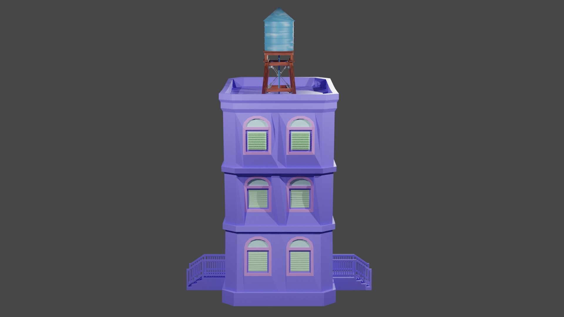 3D Cartoon Purple Building with A Rooftop Water Tower - TurboSquid 1784108