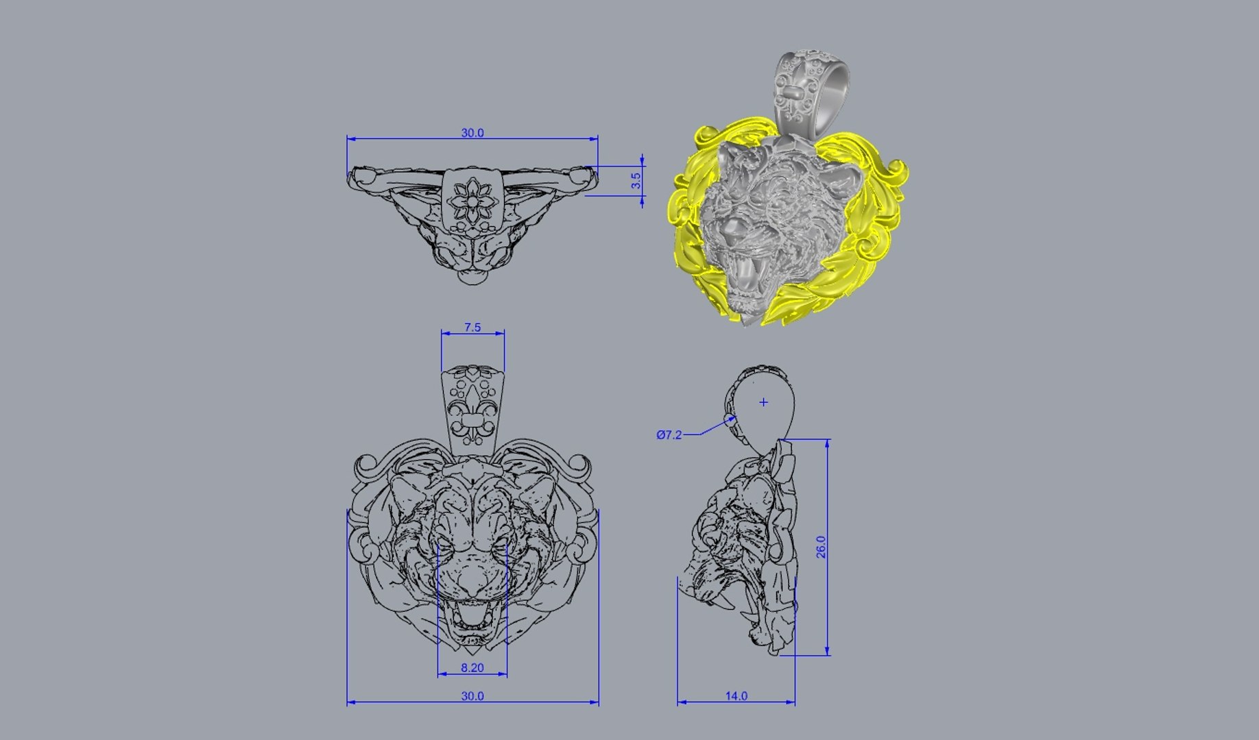 3D Jewelry Necklace Tiger Pendant with Patterns 0323 Stl 3dm Fbx ...