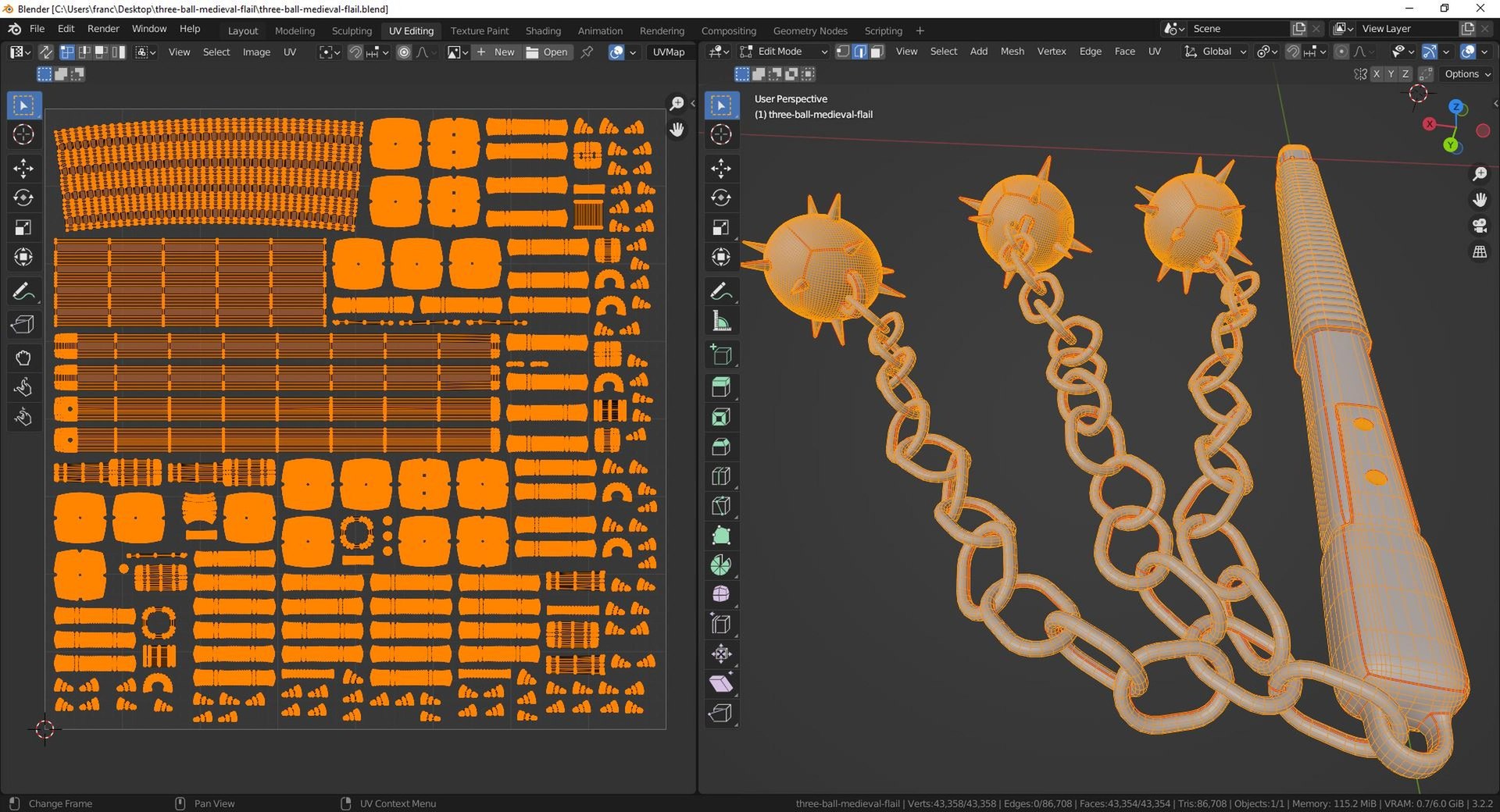 Three Ball Medieval Flail 3D Model - TurboSquid 2006071