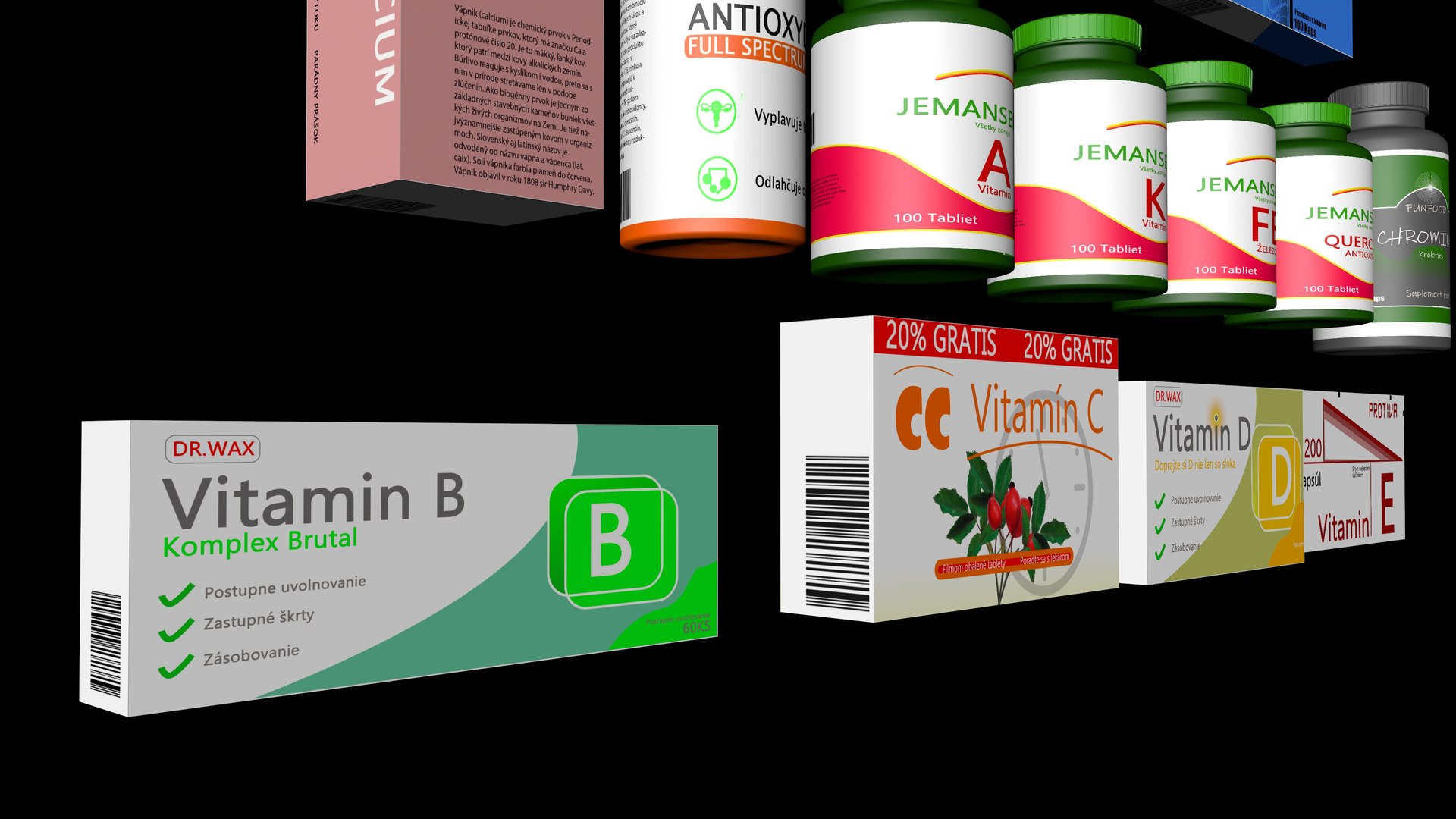 Pack Of Vitamins Minerals And Food Supplements With Basic Basecolor Textures 3D Model ...