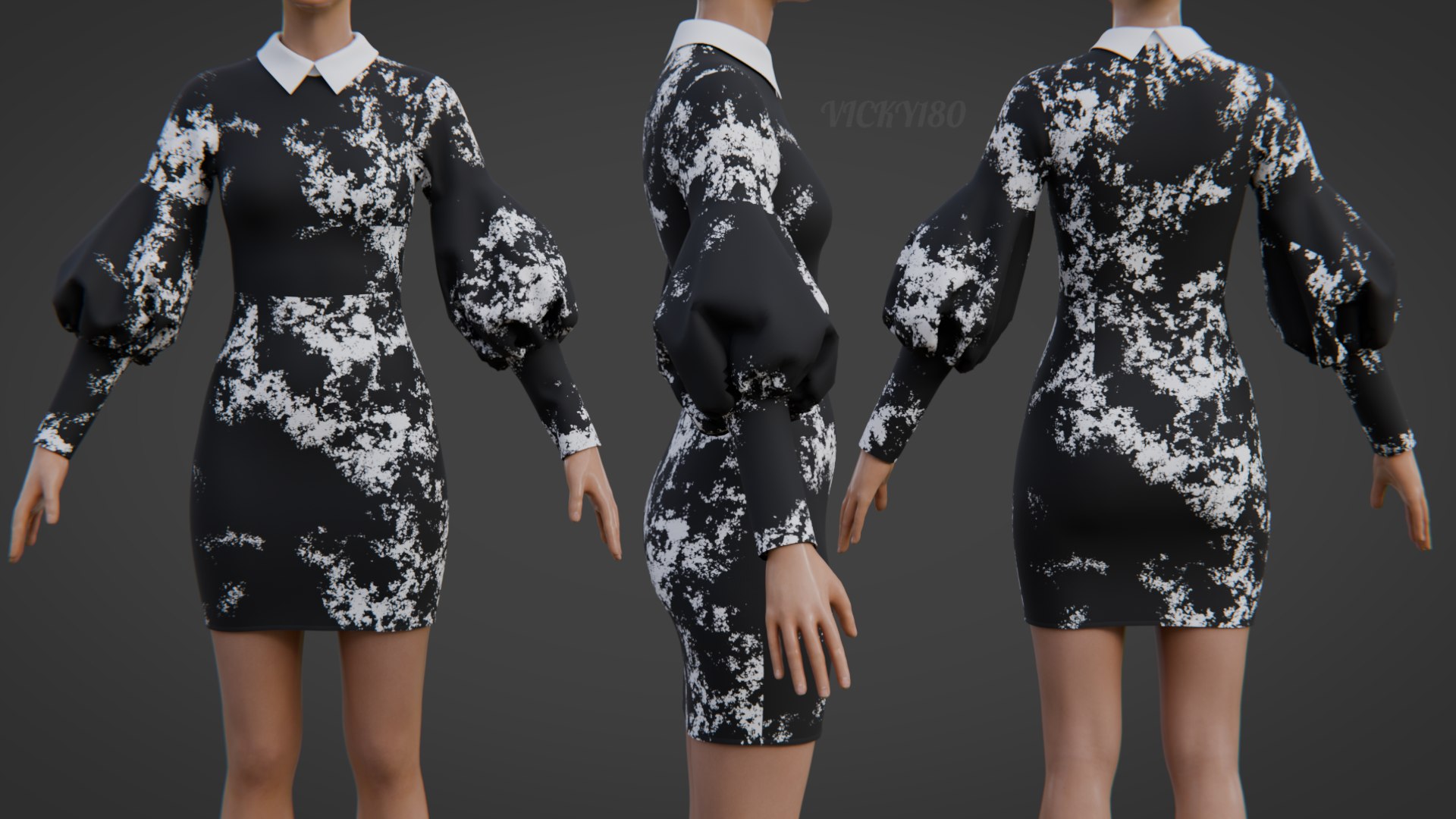 Formal Two Tone Puff Sleeve Collar Bodycon Mini Dress Outfit 3D Model ...