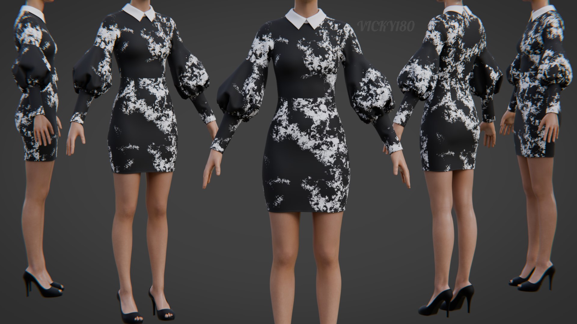 Formal Two Tone Puff Sleeve Collar Bodycon Mini Dress Outfit 3D Model ...
