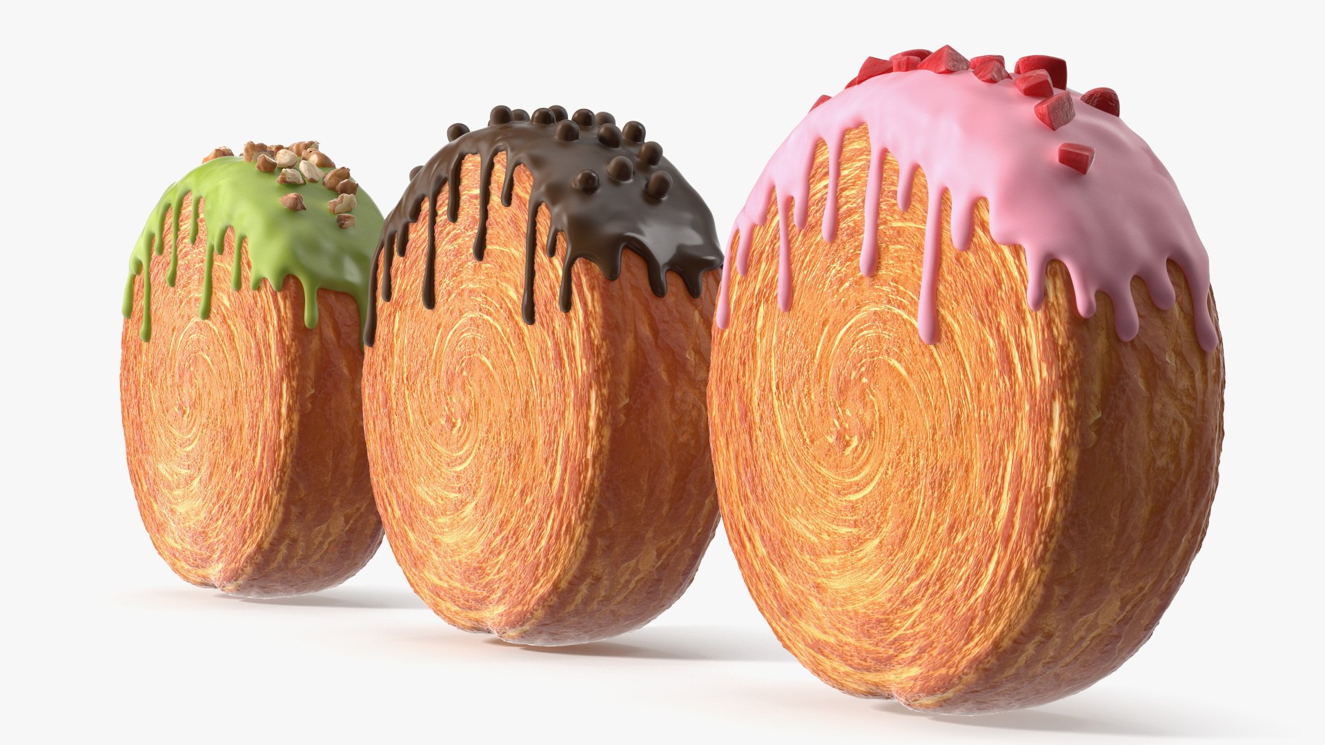 Round Croissant Pastry With Three Glazed Toppings 3D Model - TurboSquid ...