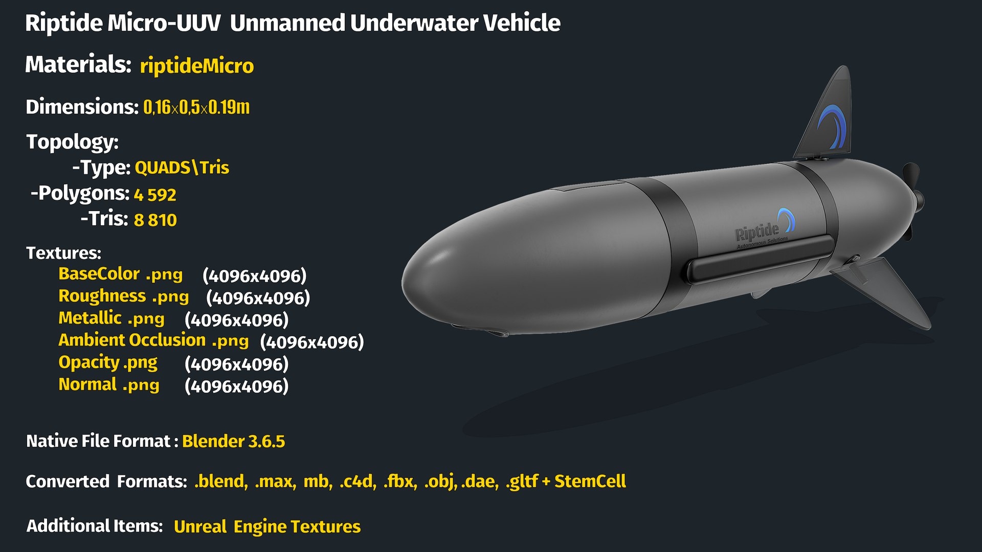 3D Model Riptide Micro-UUV Unmanned Underwater Vehicle - TurboSquid 2166497