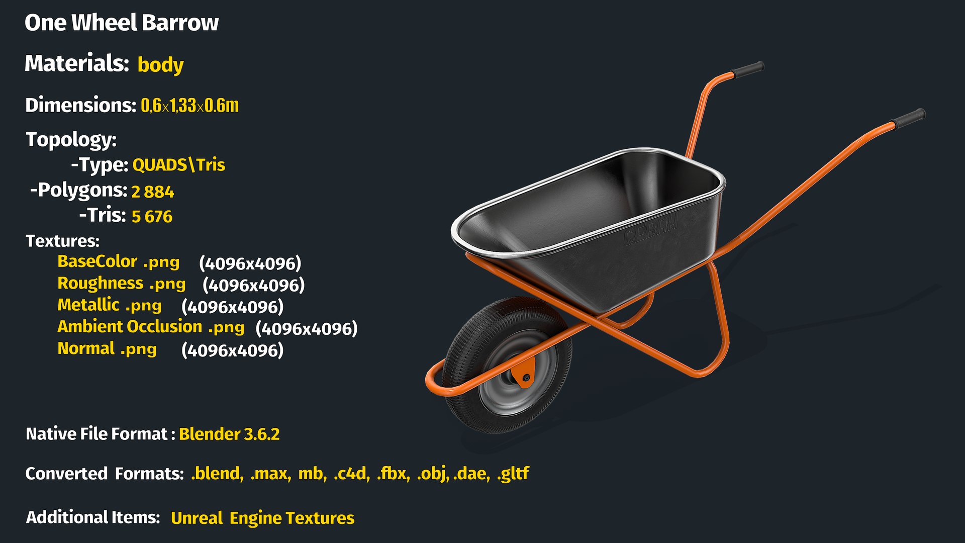 3D One Wheel Barrow Model - TurboSquid 2145316