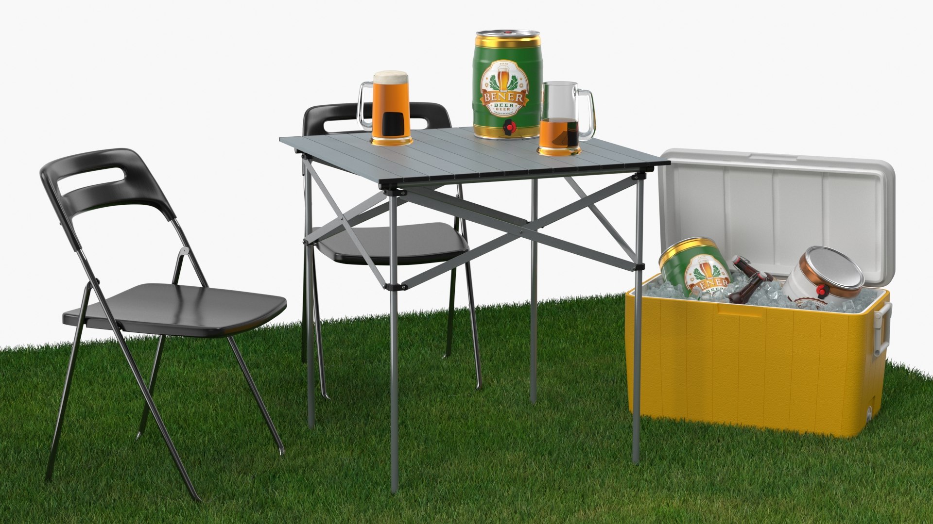 Outdoor Picnic Set With Folding Table Chairs And Cooler With Fur 3D ...