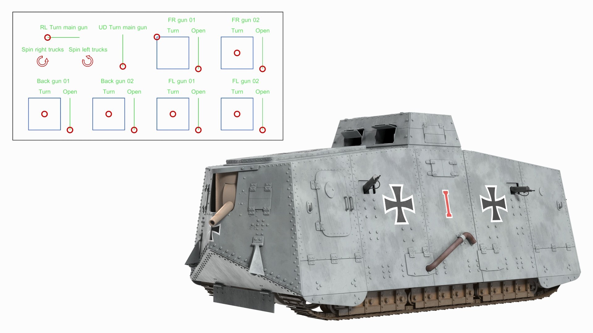 3D Model A7V German Tank WWI Gray Rigged - TurboSquid 2167642