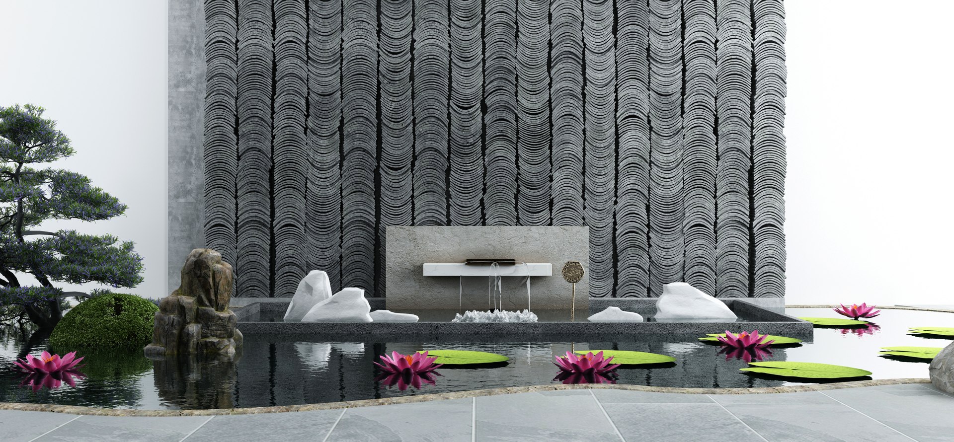 3D New Chinese style tile wall water feature sketch model - TurboSquid ...