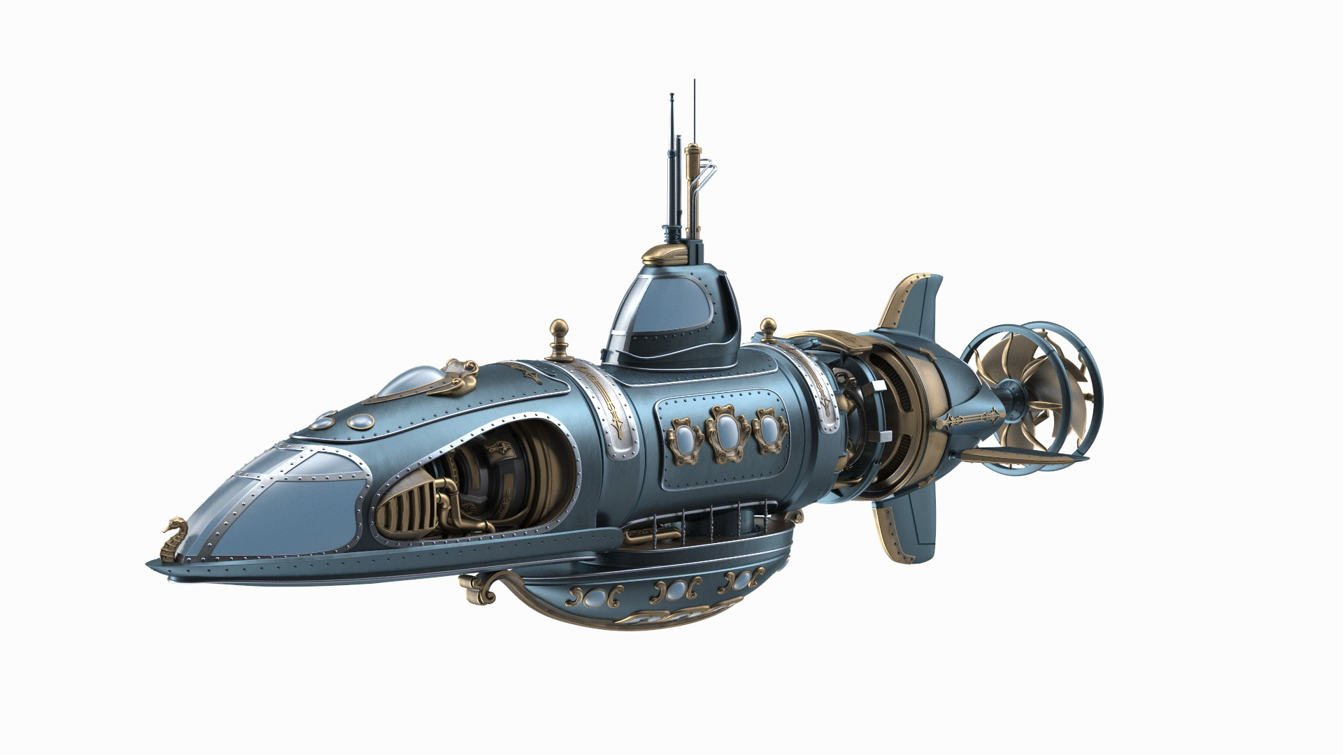 Steampunk Submarine Blue Rigged 3D - TurboSquid 2220682