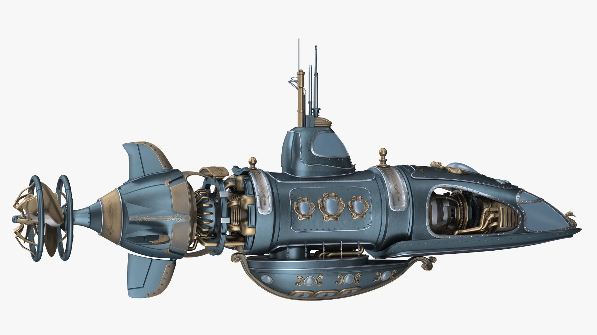 Steampunk Submarine Blue Rigged 3D - TurboSquid 2220682