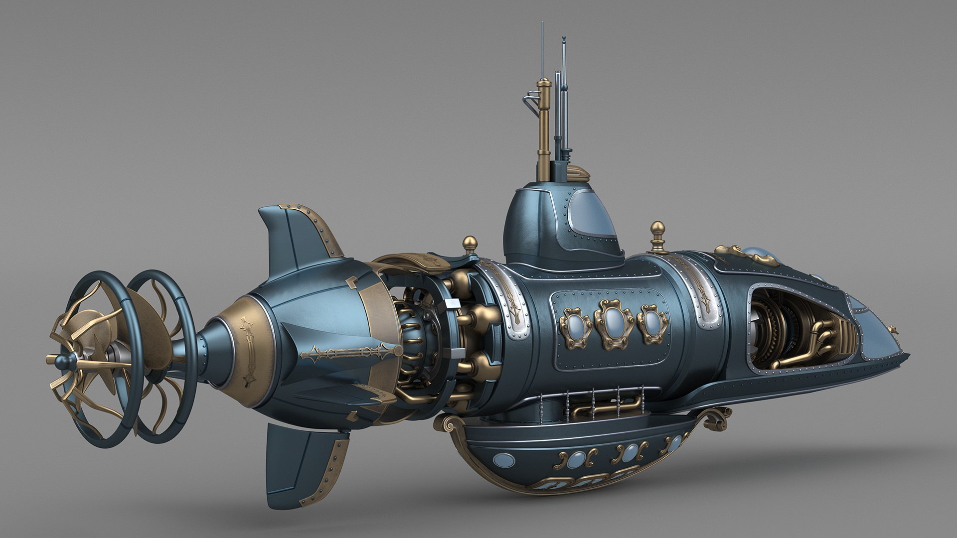 Steampunk Submarine Blue Rigged 3D - TurboSquid 2220682