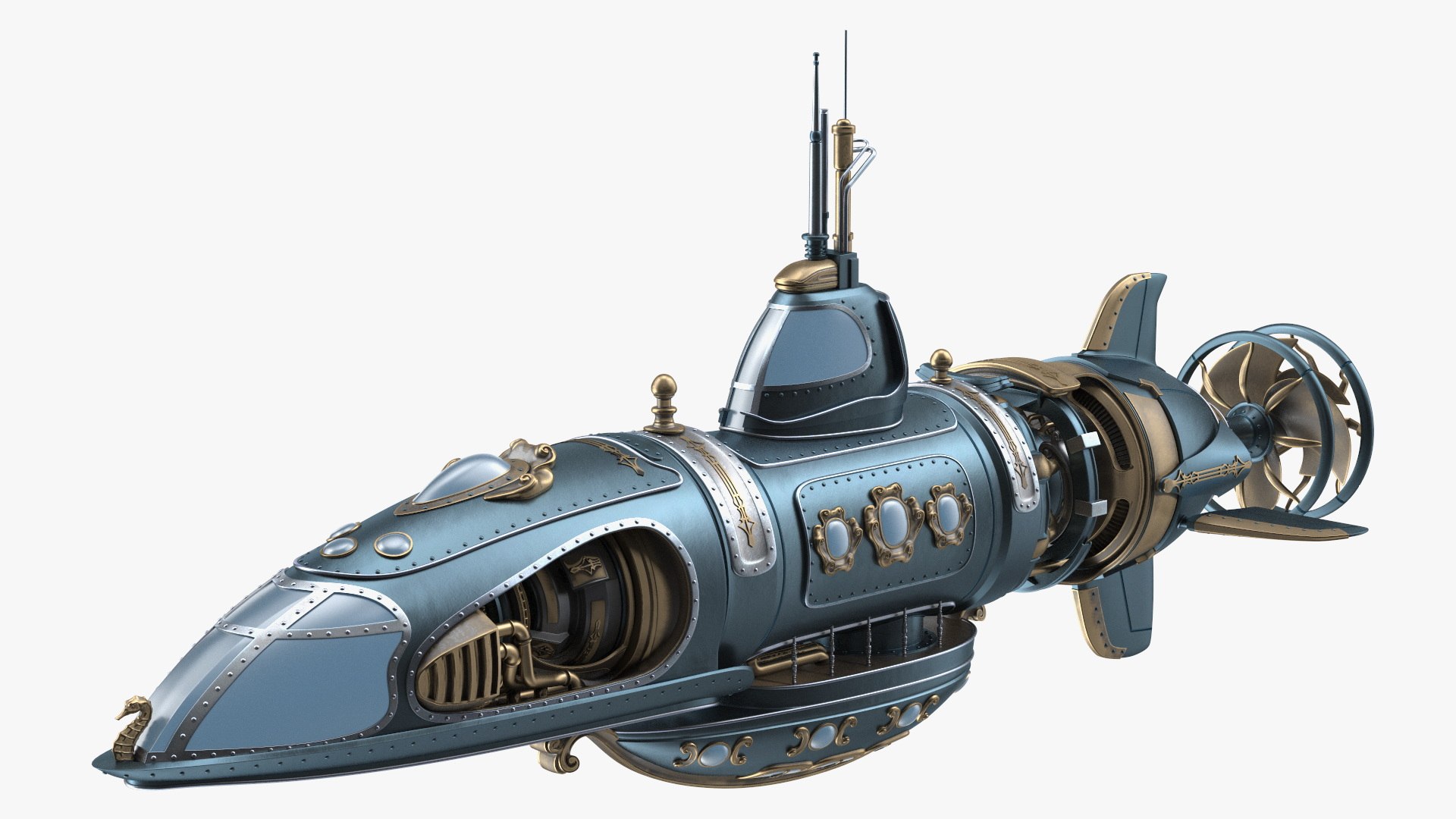Steampunk Submarine Blue Rigged 3D - TurboSquid 2220682