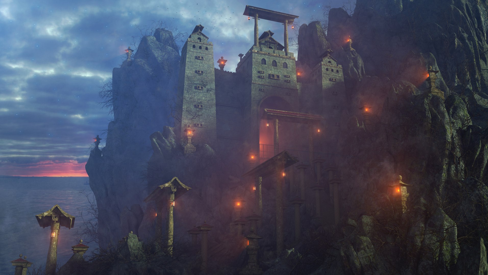 3D Asian Mountain Castle Environment - TurboSquid 2215801