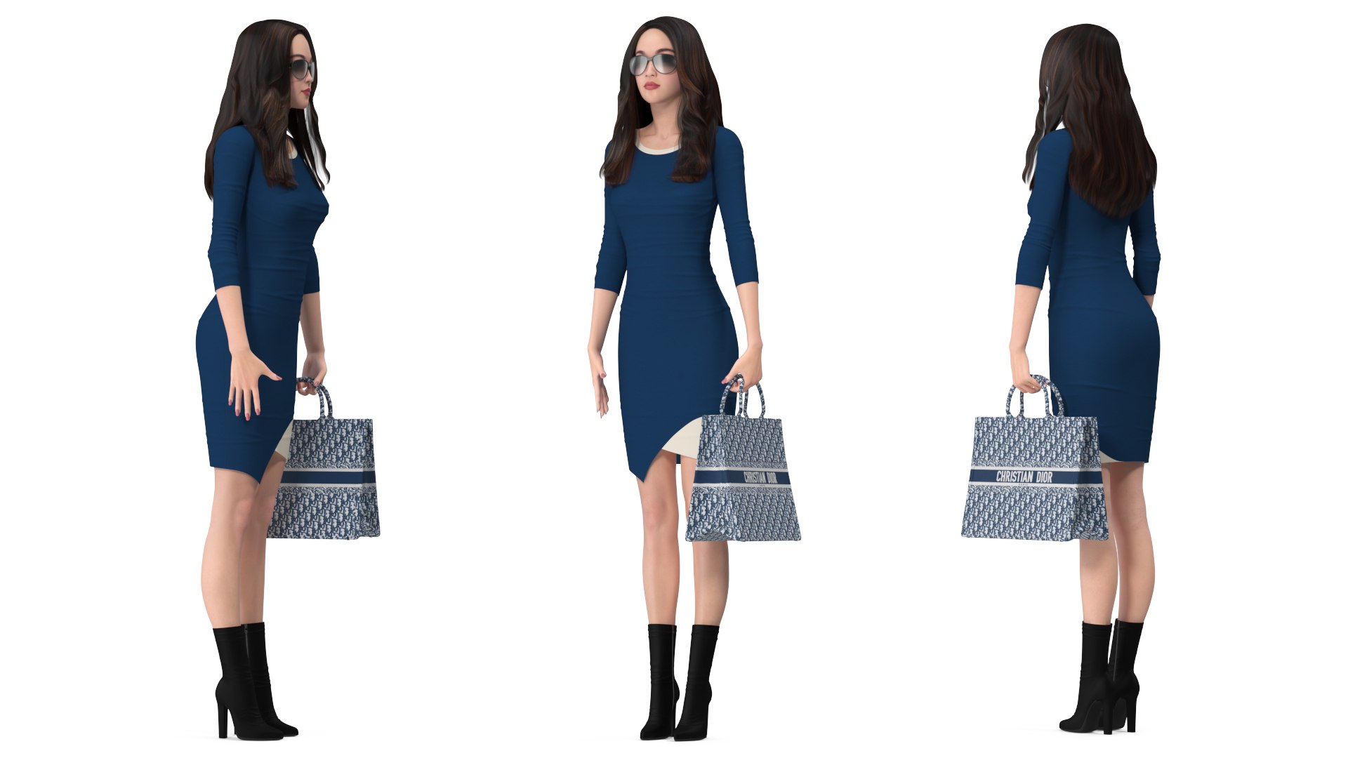 3D Model Woman Holding Navy Blue Embroidery Dior Tote Bag - TurboSquid ...