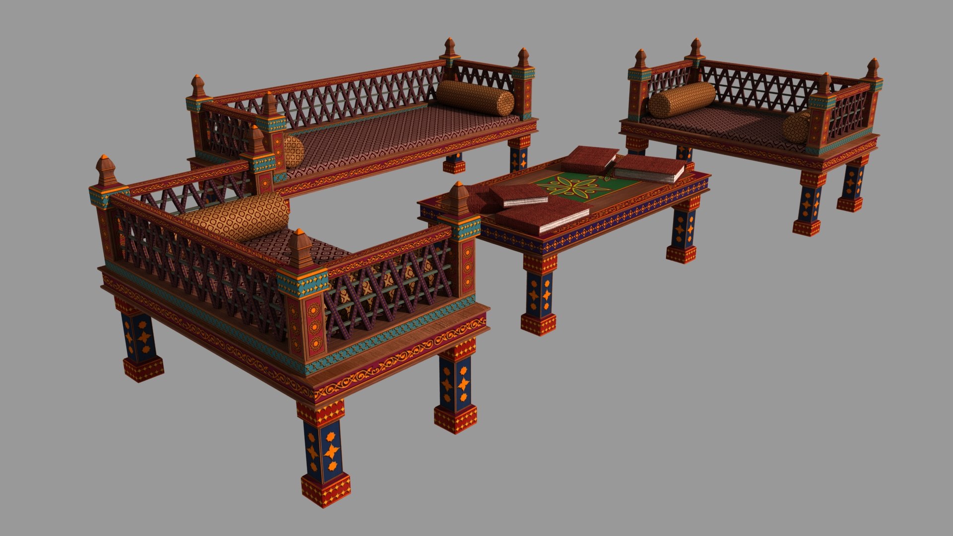 3D Model Vintage Wooden Sofa Set - TurboSquid 2234636