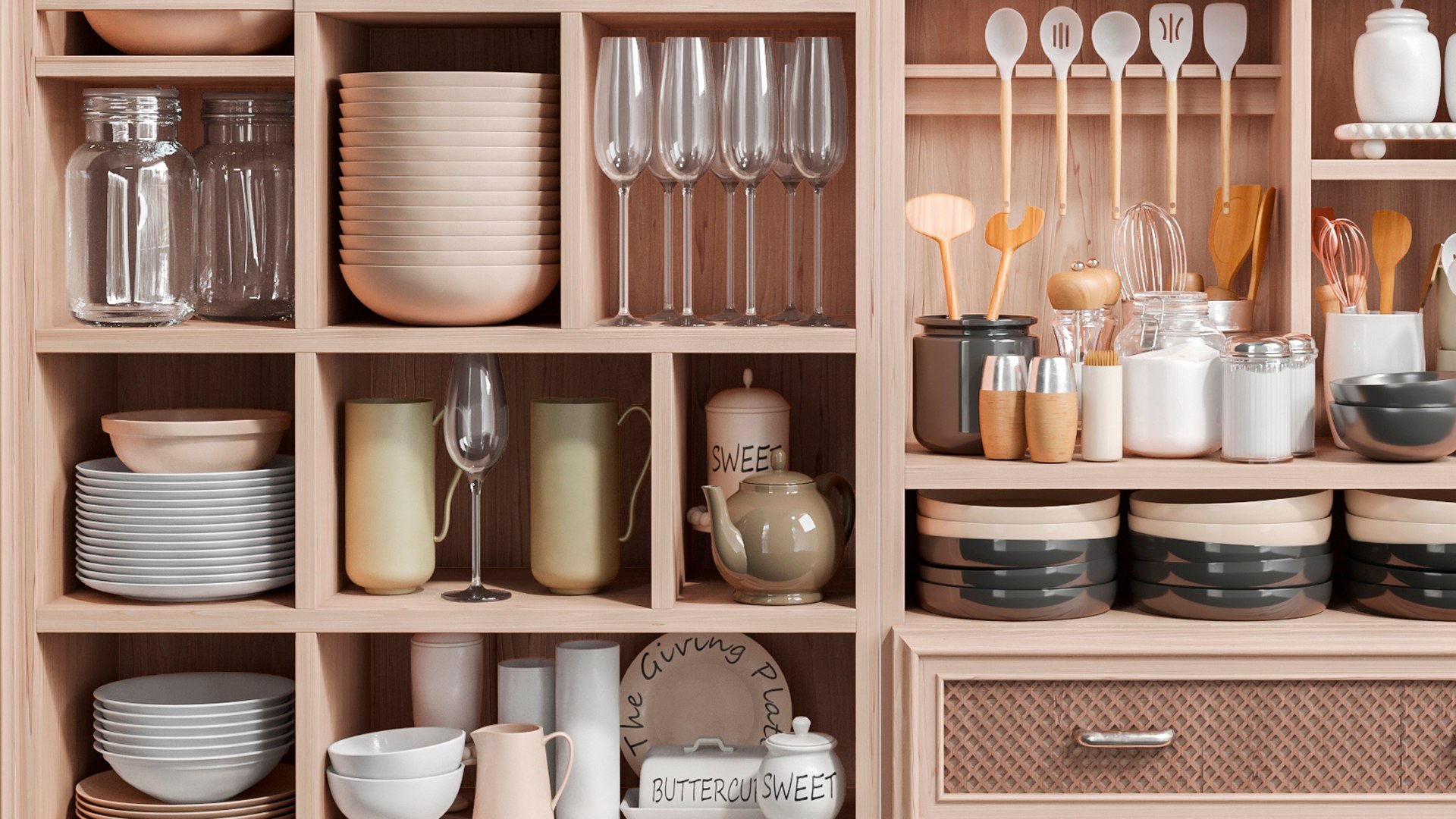 3D A Cupboard With Dishes Kitchen Utensils And A Set Of Dishes ...