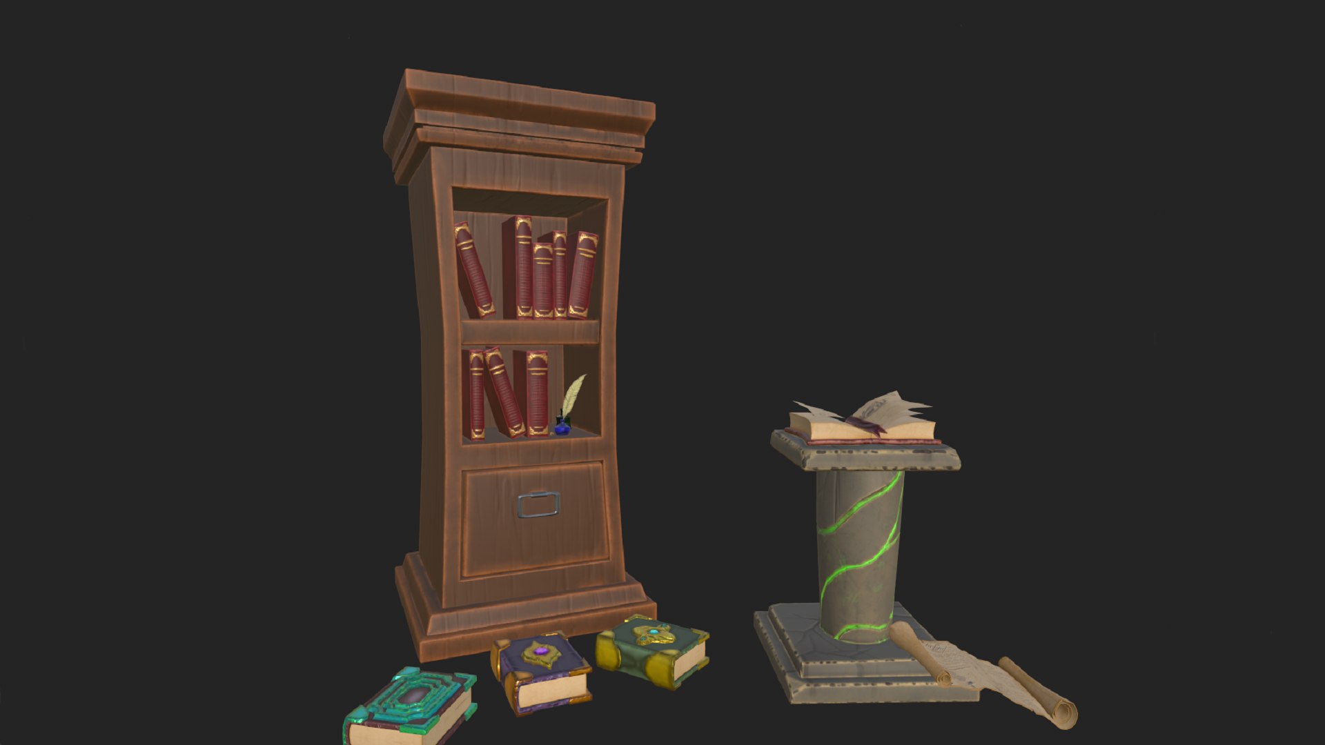 Stylized Set Stone Stand Bookcase Books Papyrus Scrolls Low-poly 3D ...