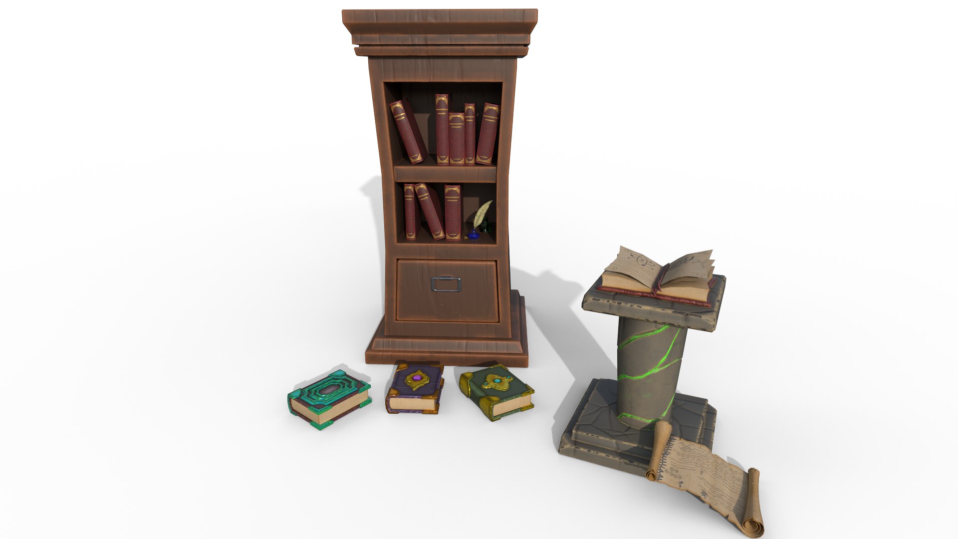 Stylized Set Stone Stand Bookcase Books Papyrus Scrolls Low-poly 3D ...