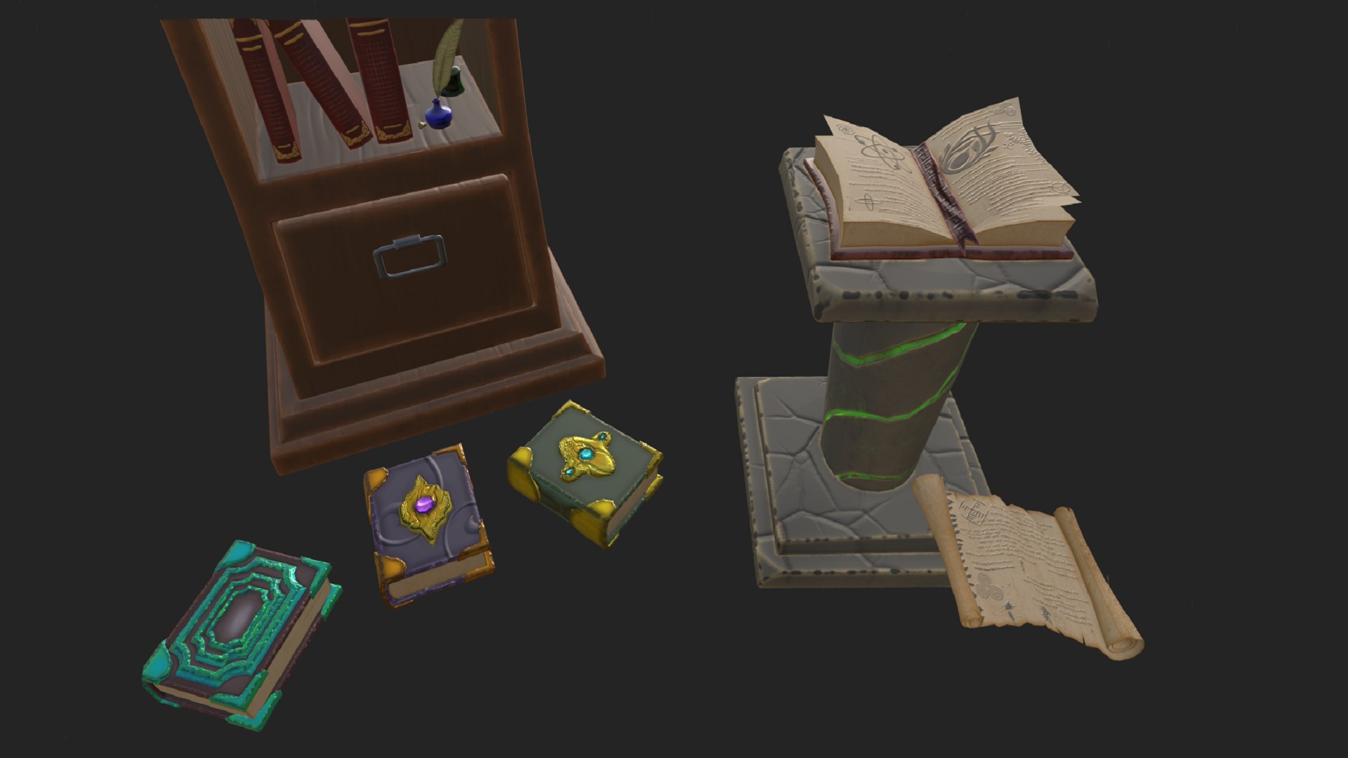 Stylized Set Stone Stand Bookcase Books Papyrus Scrolls Low-poly 3D ...