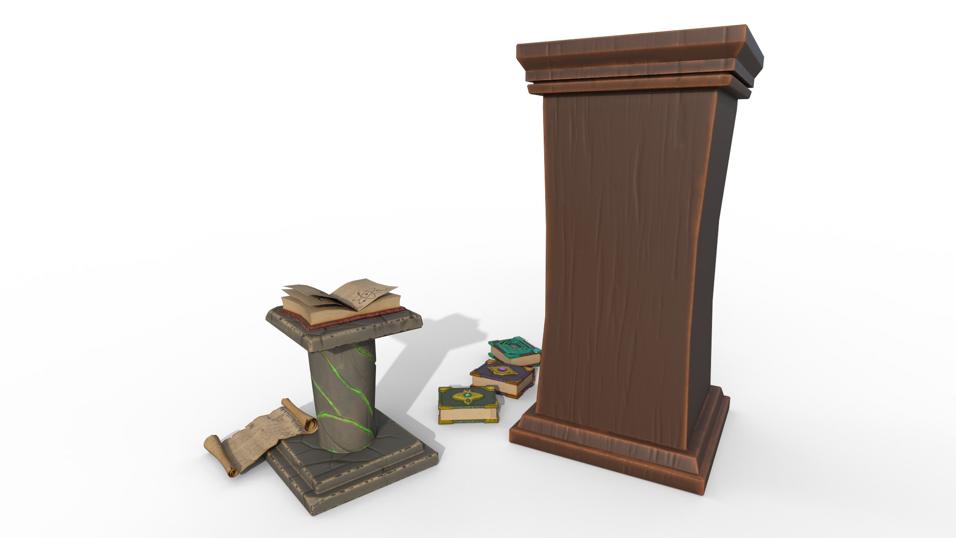 Stylized Set Stone Stand Bookcase Books Papyrus Scrolls Low-poly 3D ...