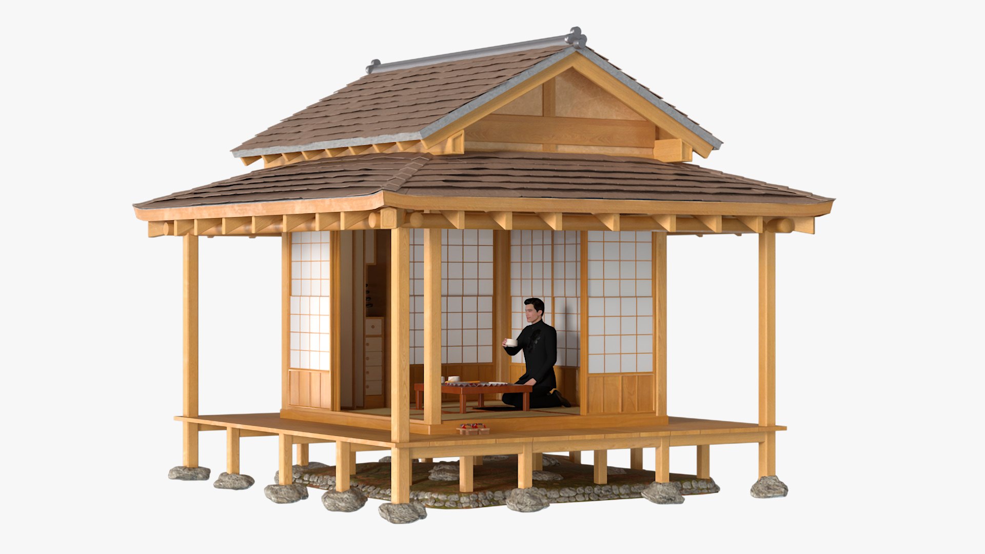 3D Japanese Man Having Tea In Traditional Tea House Model - TurboSquid 2276443