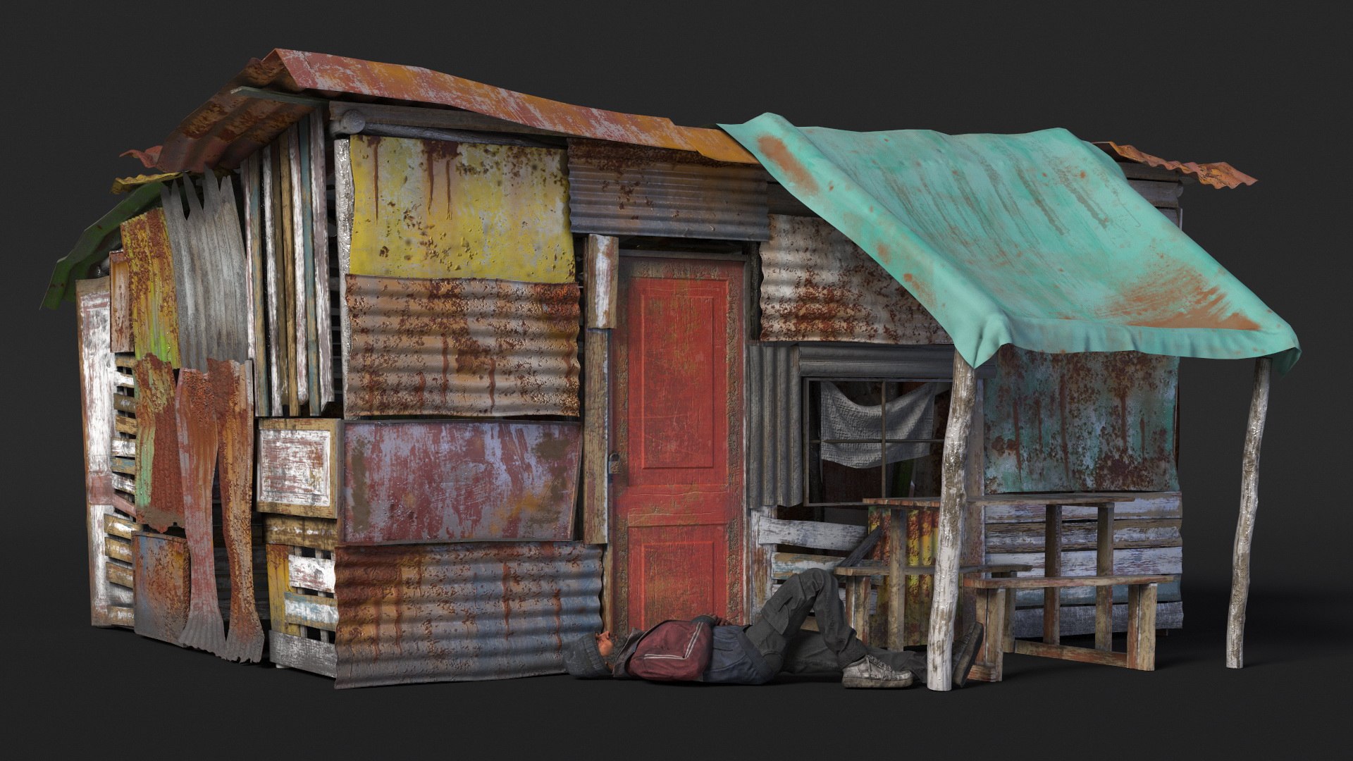 Small Rusty Shack With Awning And Sleeping Homeless Man 3D Model ...