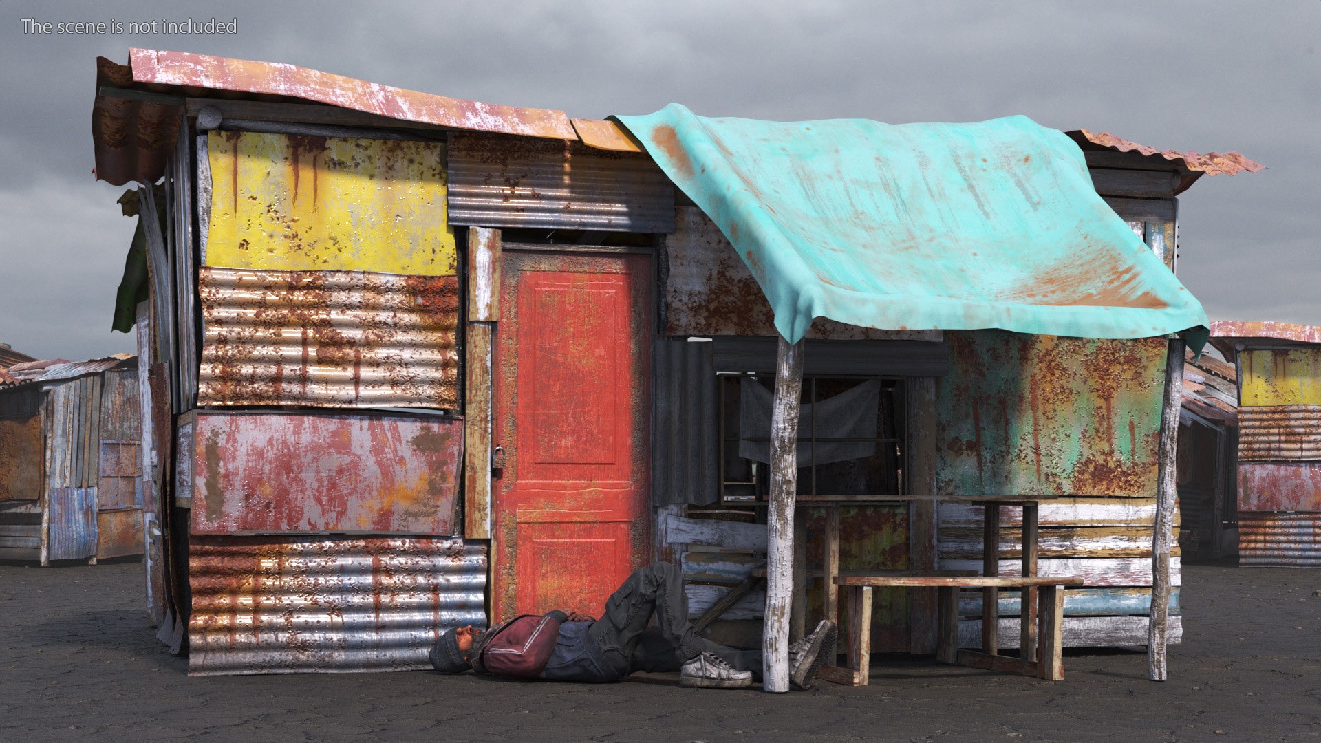 Small Rusty Shack With Awning And Sleeping Homeless Man 3D Model ...