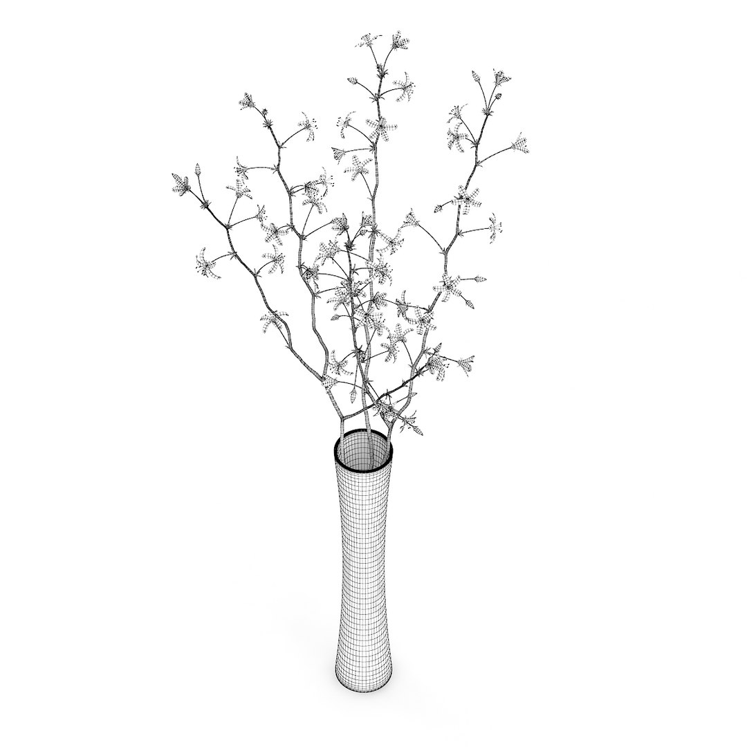 Tree Twigs Flowers Glass Vase 3d Model