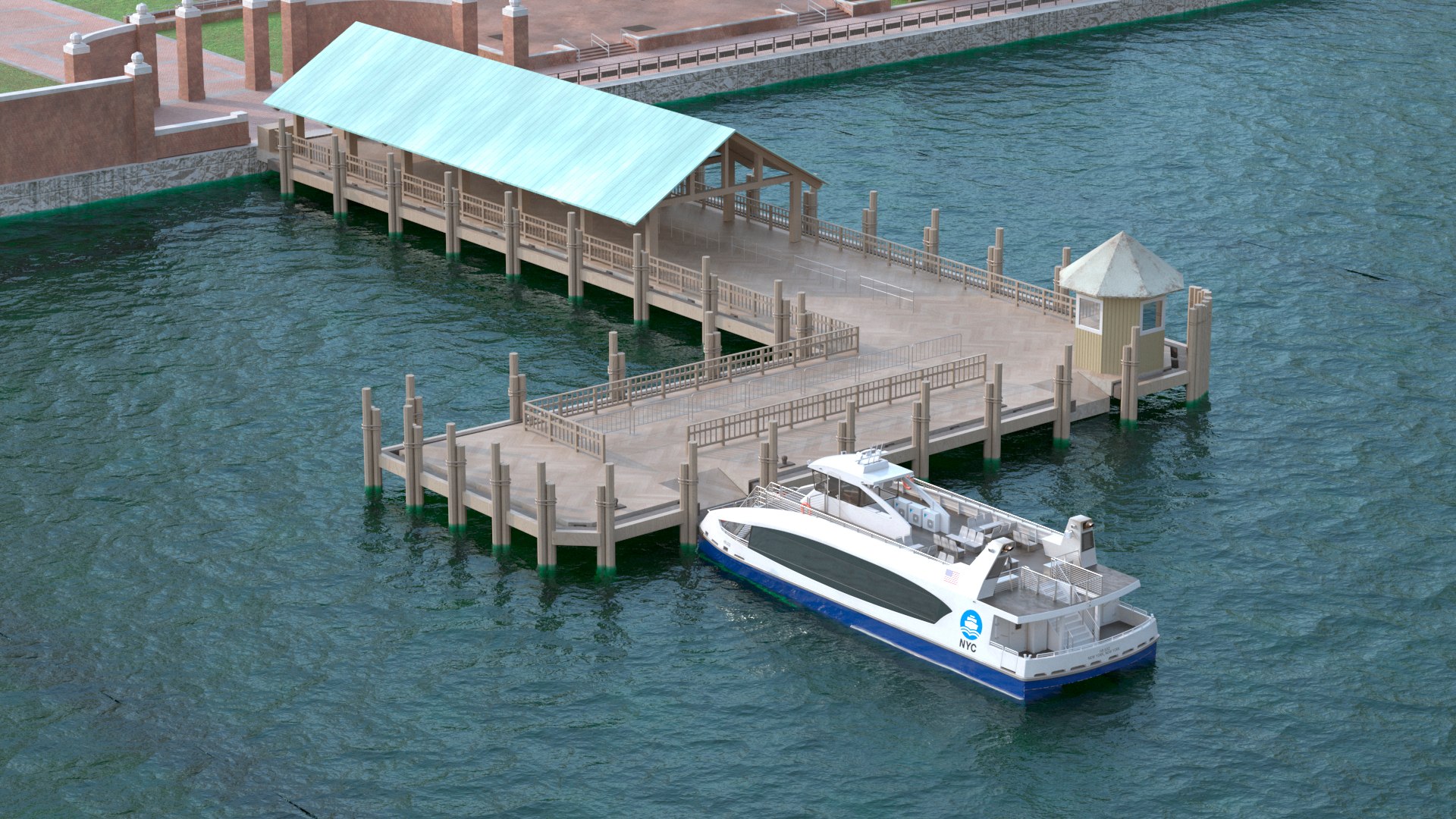 3D Dock Pier With NYC Ferry Boat On Water - TurboSquid 2376883