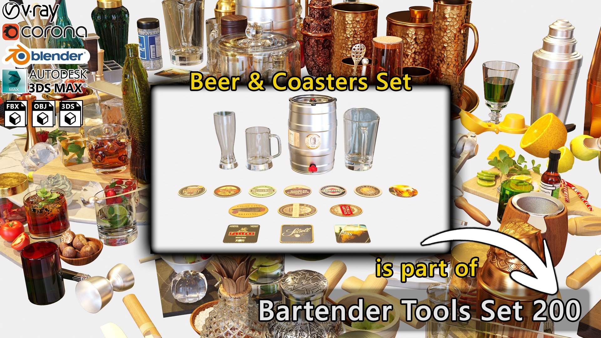Bartender Tools Set 200 Beer Coasters 3D Model - TurboSquid 2244320
