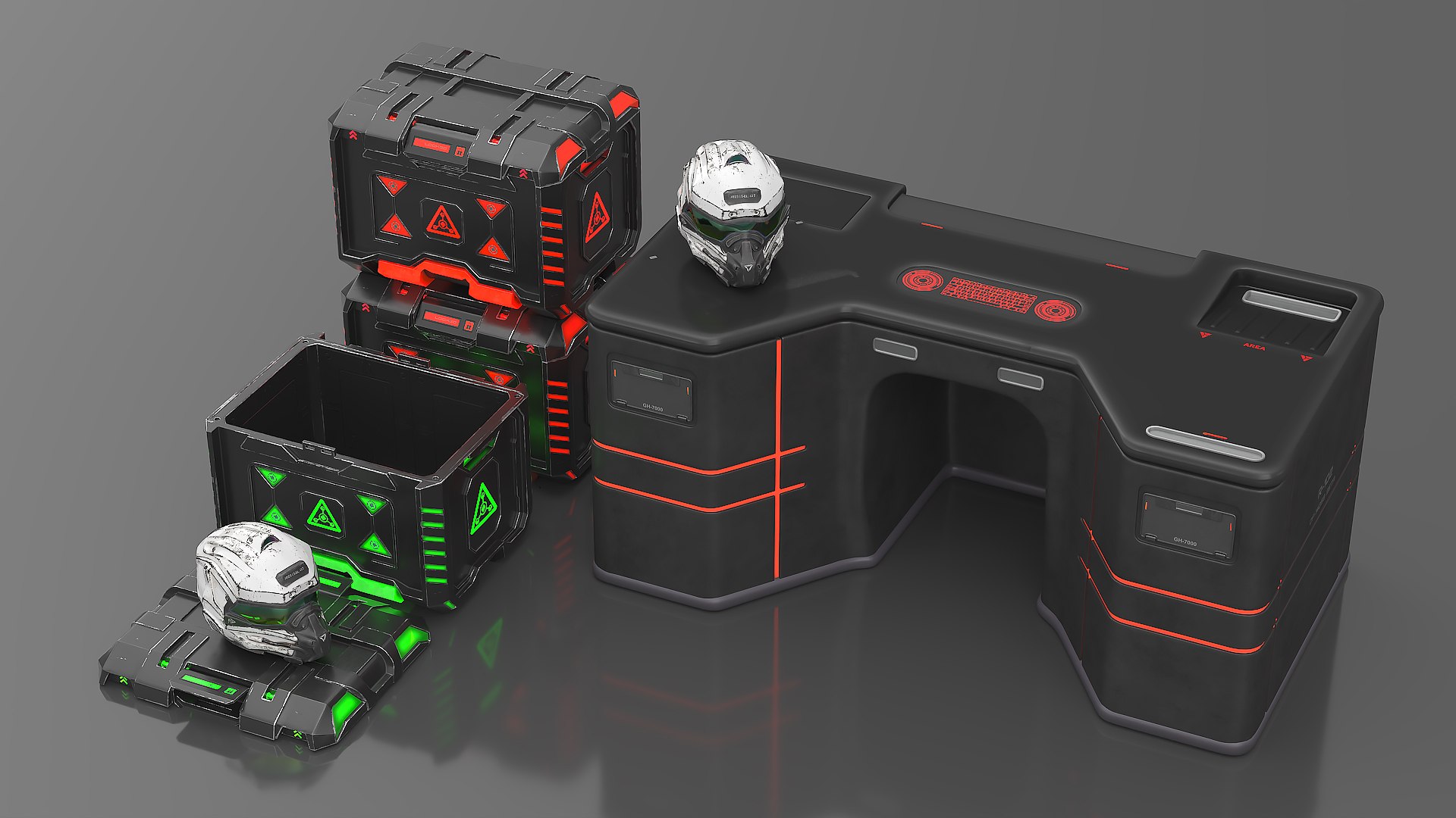 3D Futuristic Control Console With Helmet And Storage Container Model ...