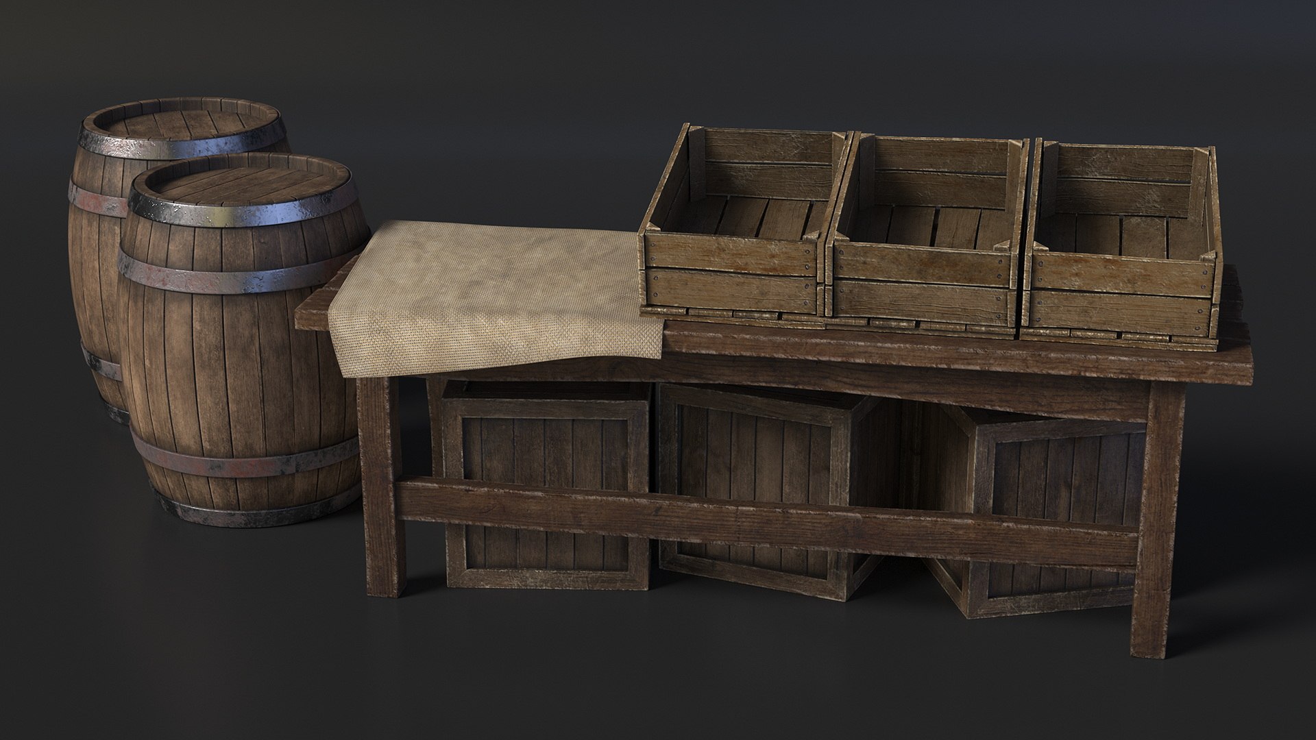 Wooden Market Stall With Barrels And Crates Model - TurboSquid 2221513