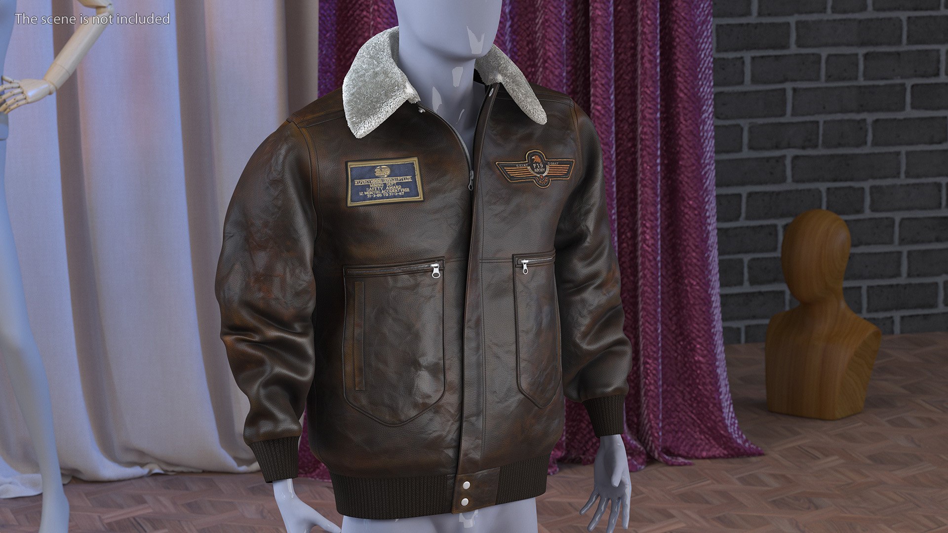 3D Model Real Leather Aviator Jacket Brown Old Fur - TurboSquid 2086104