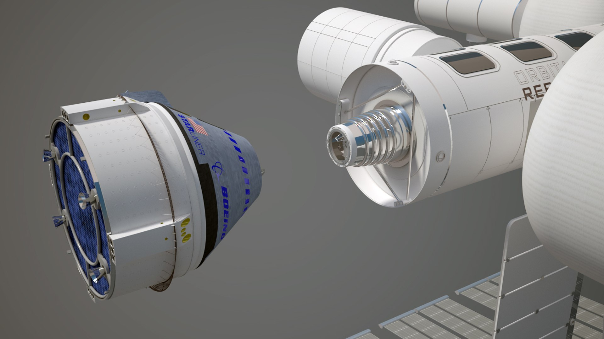 Orbital Reef Space Station with Boeing Starliner Docking Left 3D model ...