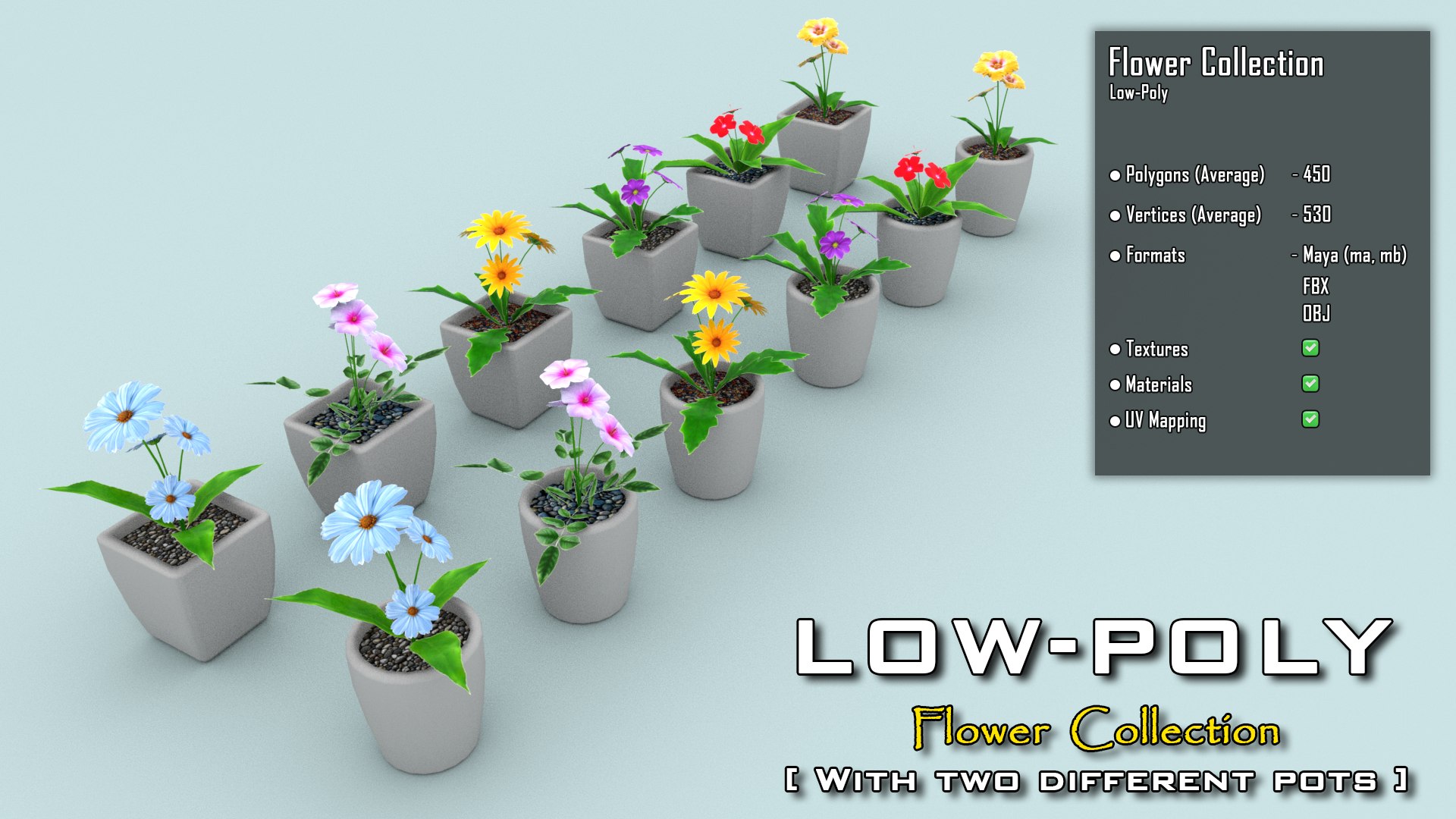 6 Low Poly Flowers Collection 01 With Two Different Pots Low-poly 3D ...