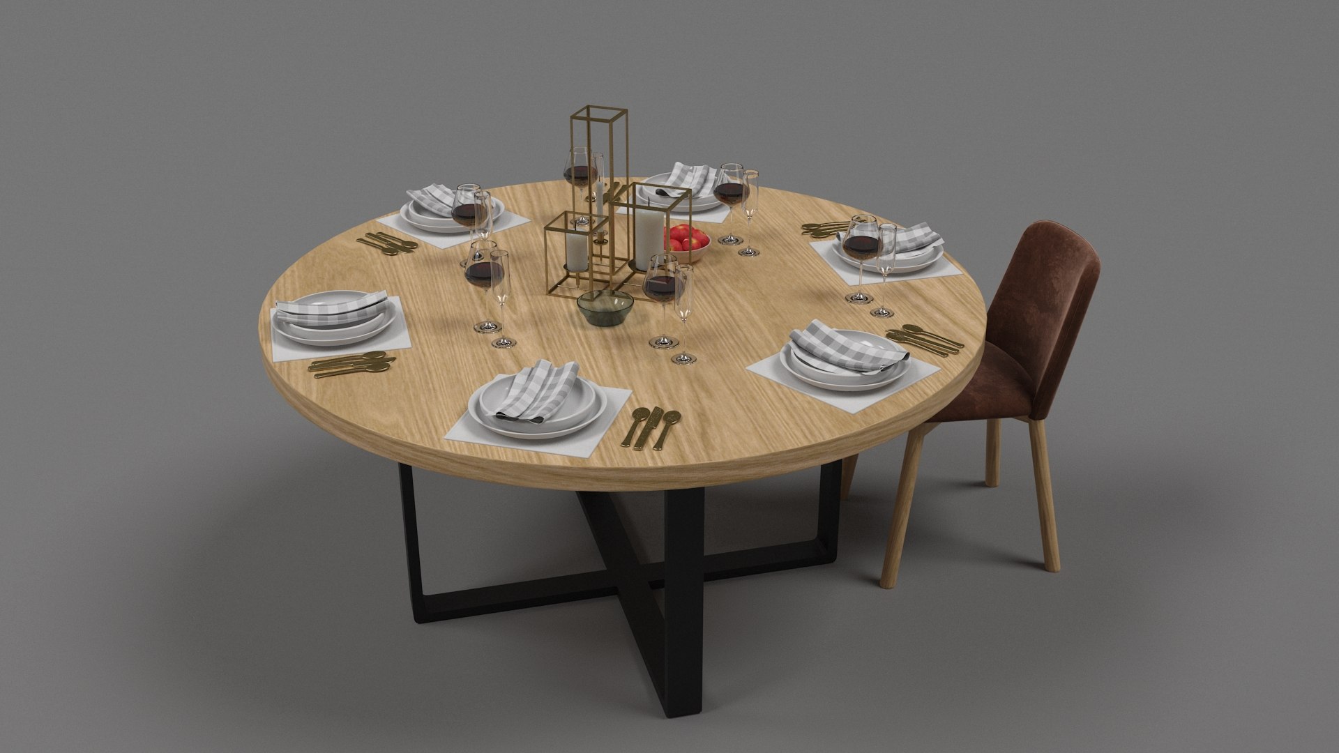 Round Wooden Dining Table Set With Velvet Chairs 3D Model - TurboSquid ...