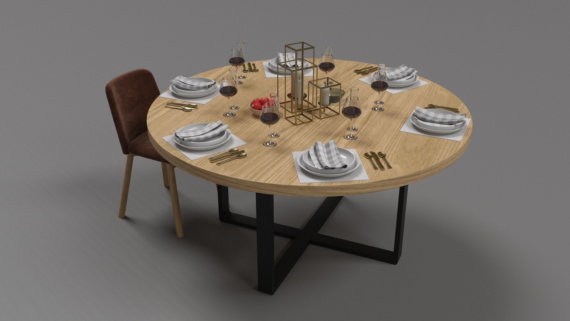 Round Wooden Dining Table Set With Velvet Chairs 3D Model - TurboSquid ...