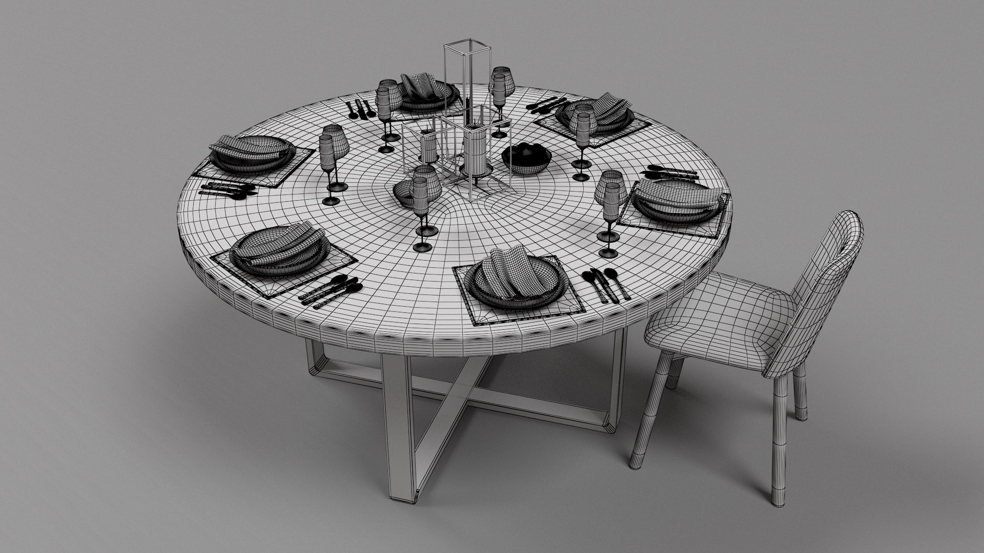 Round Wooden Dining Table Set With Velvet Chairs 3D Model - TurboSquid ...