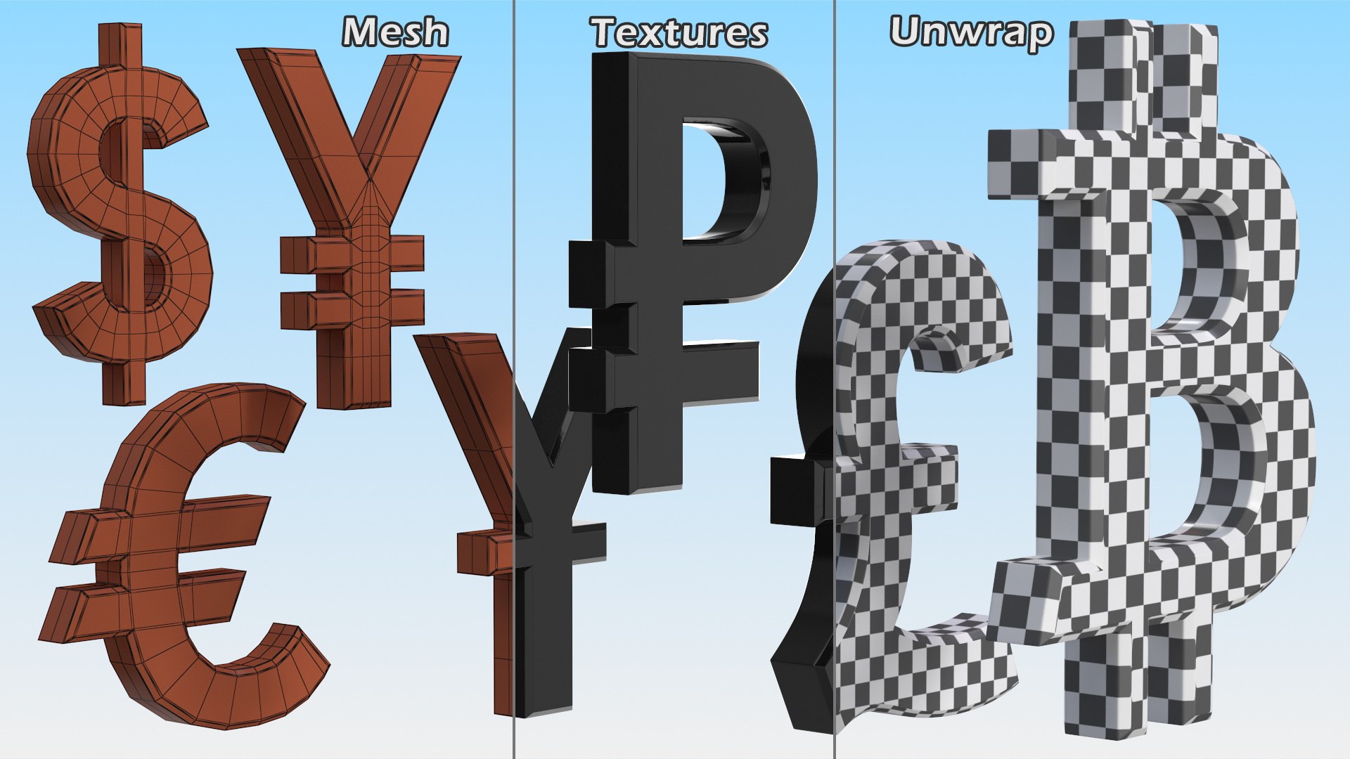 Currency symbols plastic set 3D model - TurboSquid 1689533
