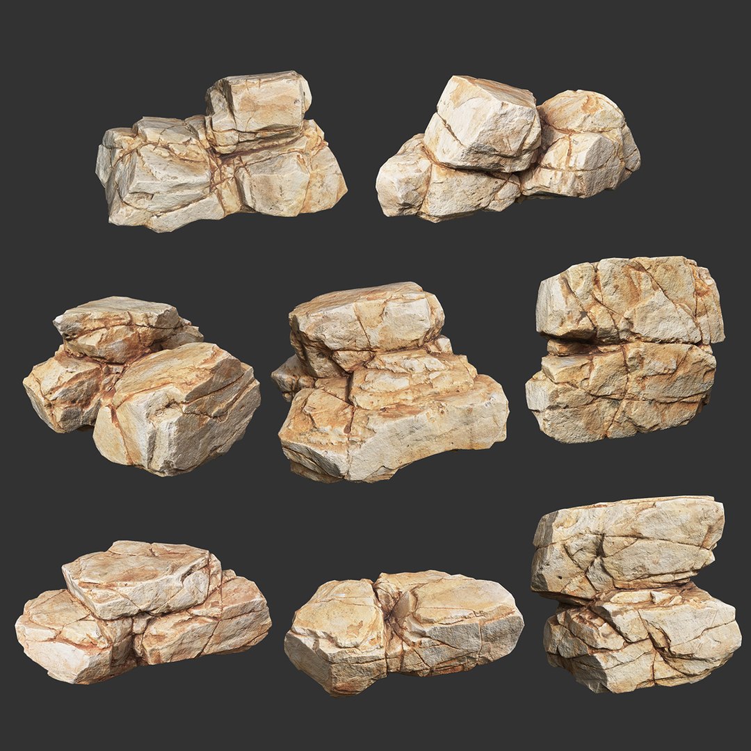 3D 8 Low Poly PBR Yellow Horizontal Rock Modular - Ultra HD 16K Texture ...