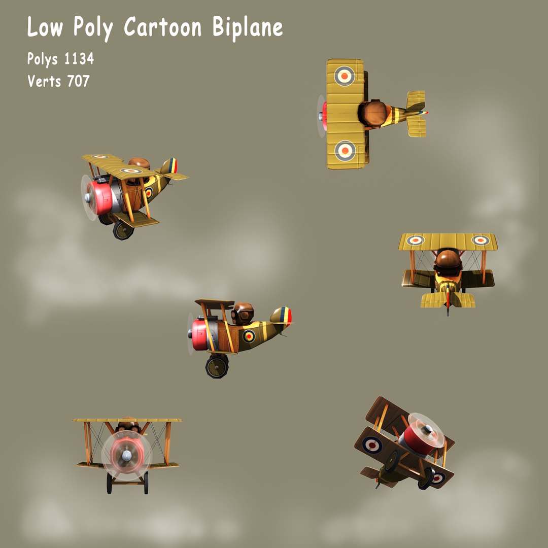 3d Ww1 Cartoon Biplane Model