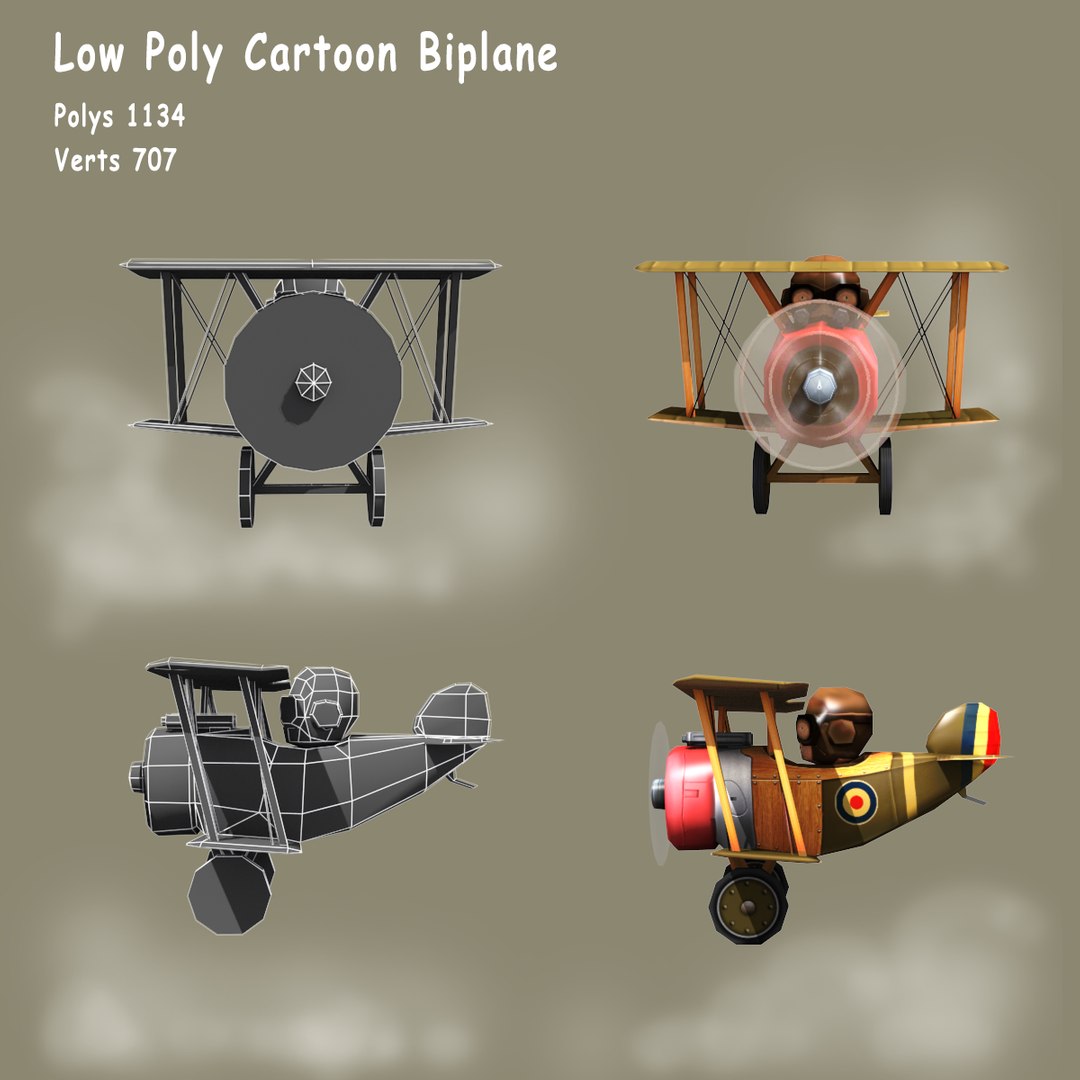 3d Ww1 Cartoon Biplane Model