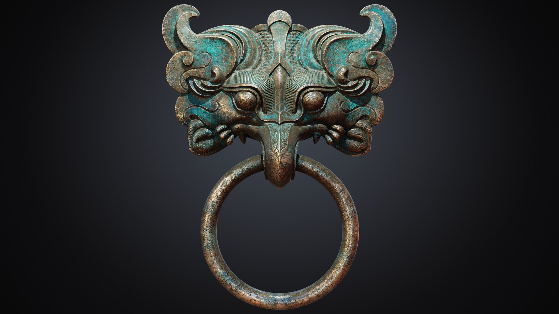3D Ancient Chinese Bronze Mythical Beast Door Knocker PBR Material ...