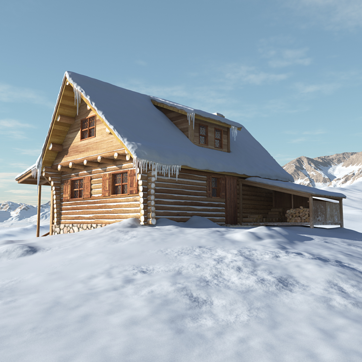 log house snow mountains