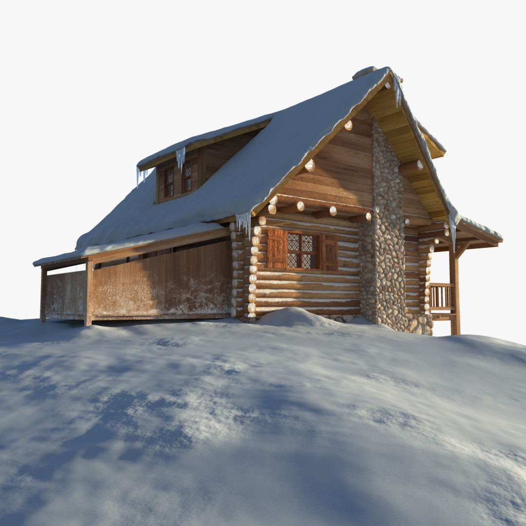 log house snow mountains
