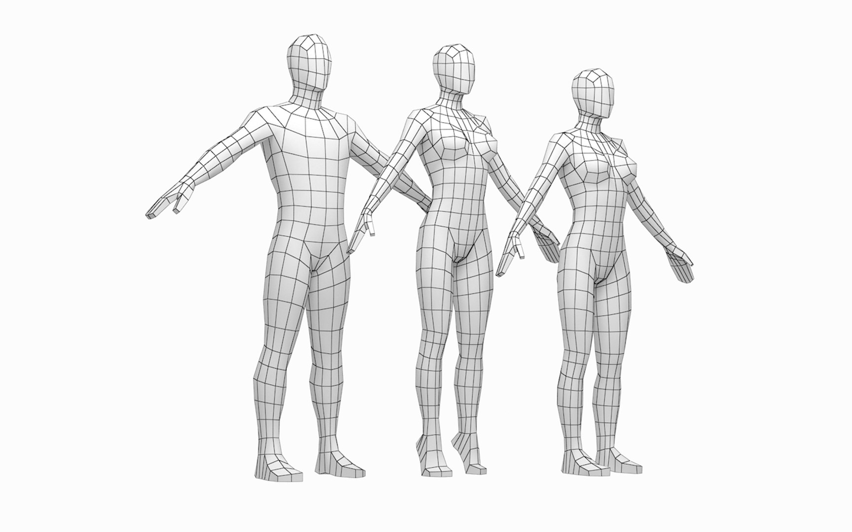 3D Natural Male And Female Human Bodies Base Mesh In A Pose Model ...