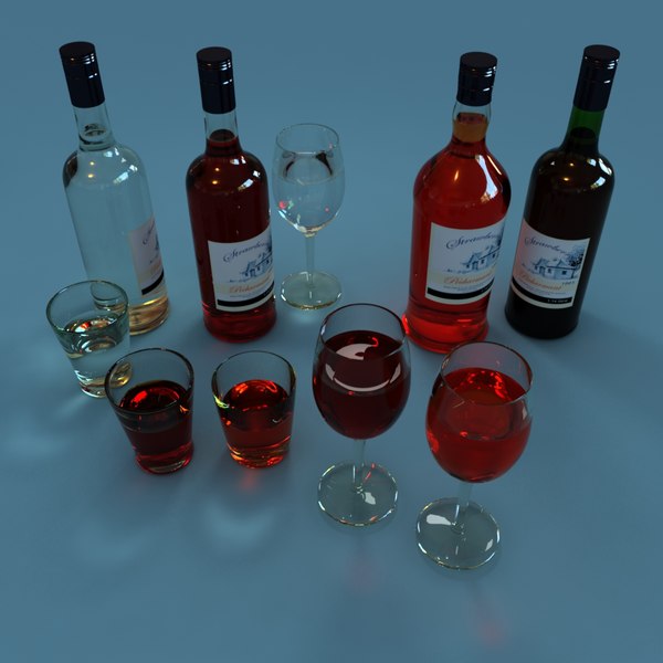 red wine bottles wineglass 3d max