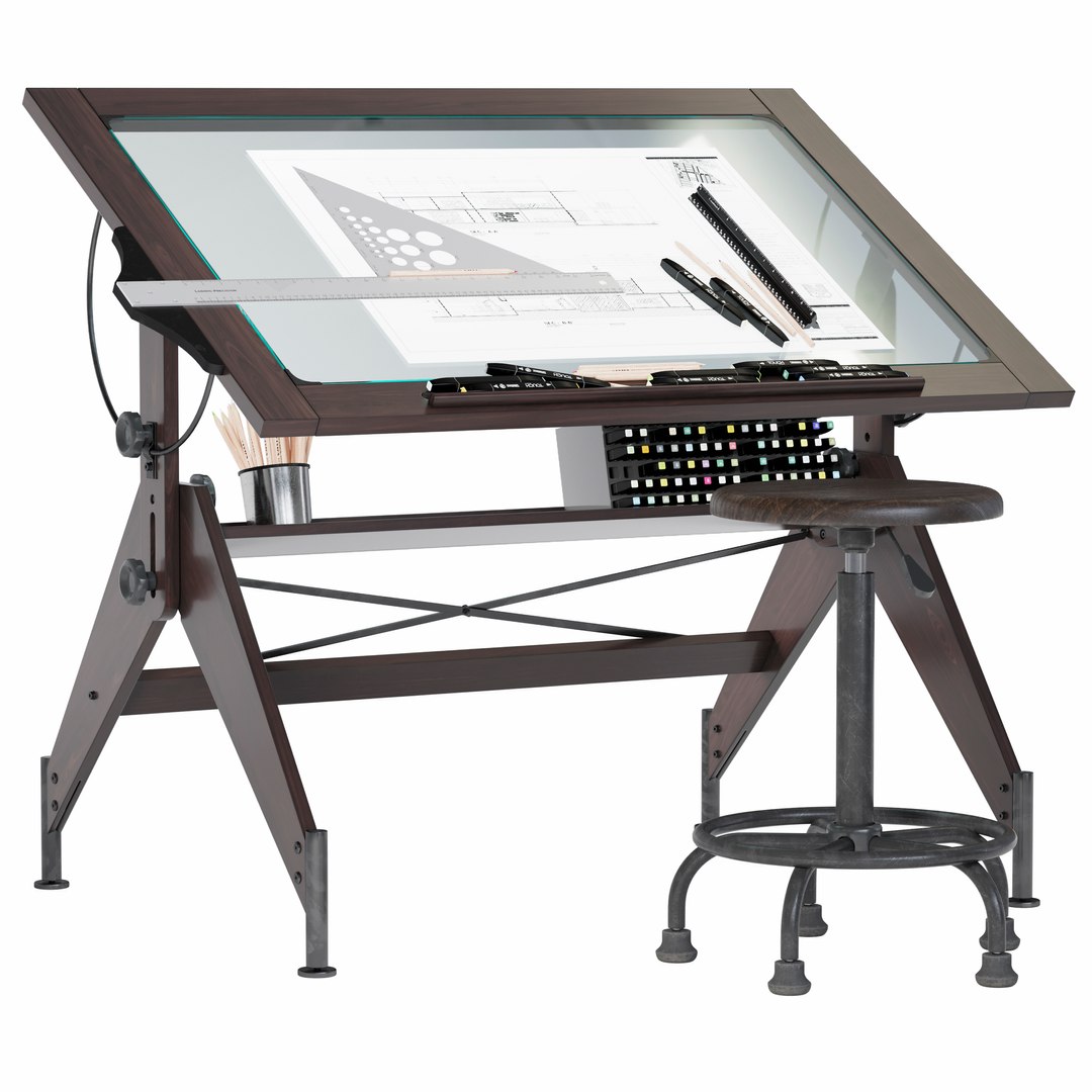 Aries Wood And Glass Drawing Table And Retro Drafting Stool 3D Model ...