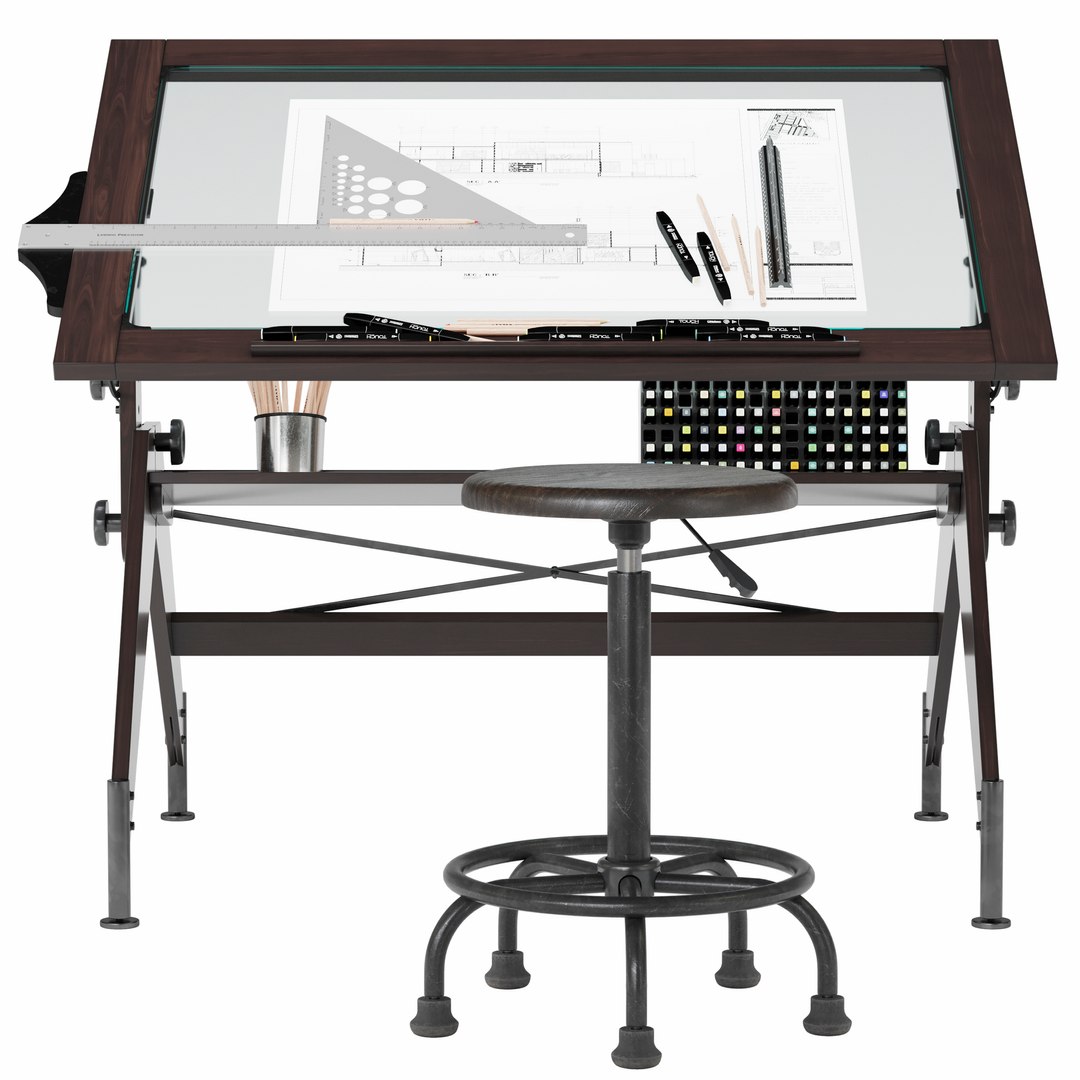 Aries Wood And Glass Drawing Table And Retro Drafting Stool 3D Model ...